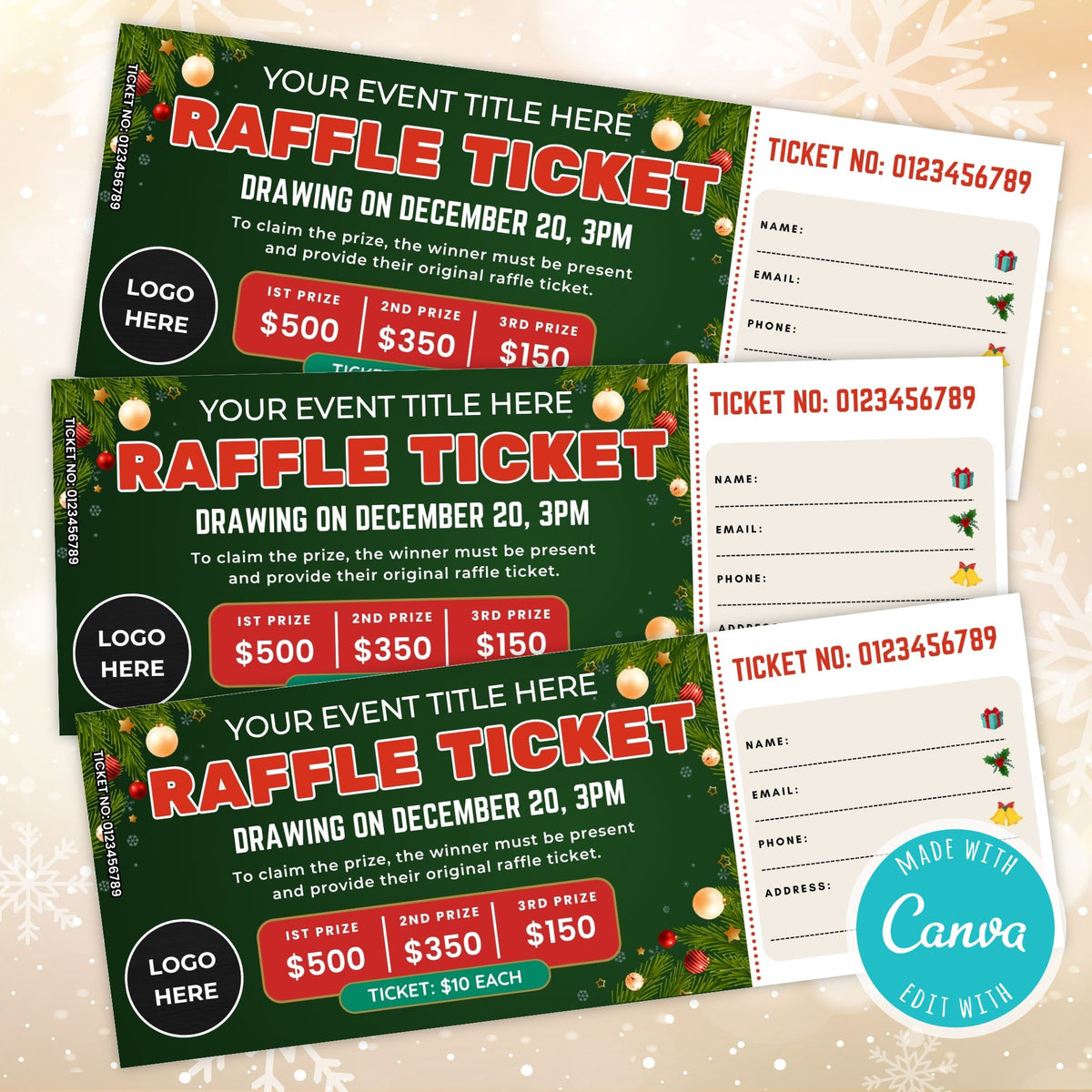 DIY Christmas Raffle Fundraising Ticket Template | Holiday Fundraiser ...