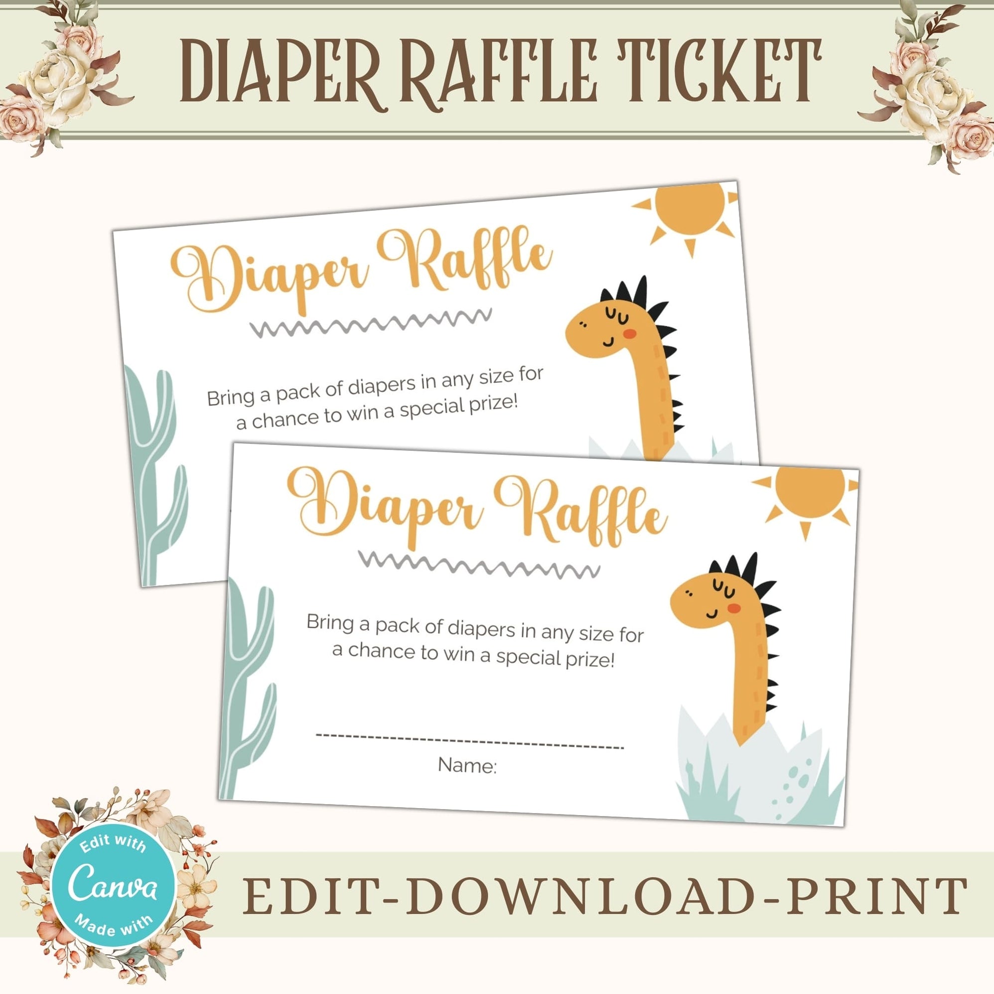 Customizable Dinosaur Diaper Raffle Ticket Template | Boho Baby Shower Diaper Raffle Card - Posh ...