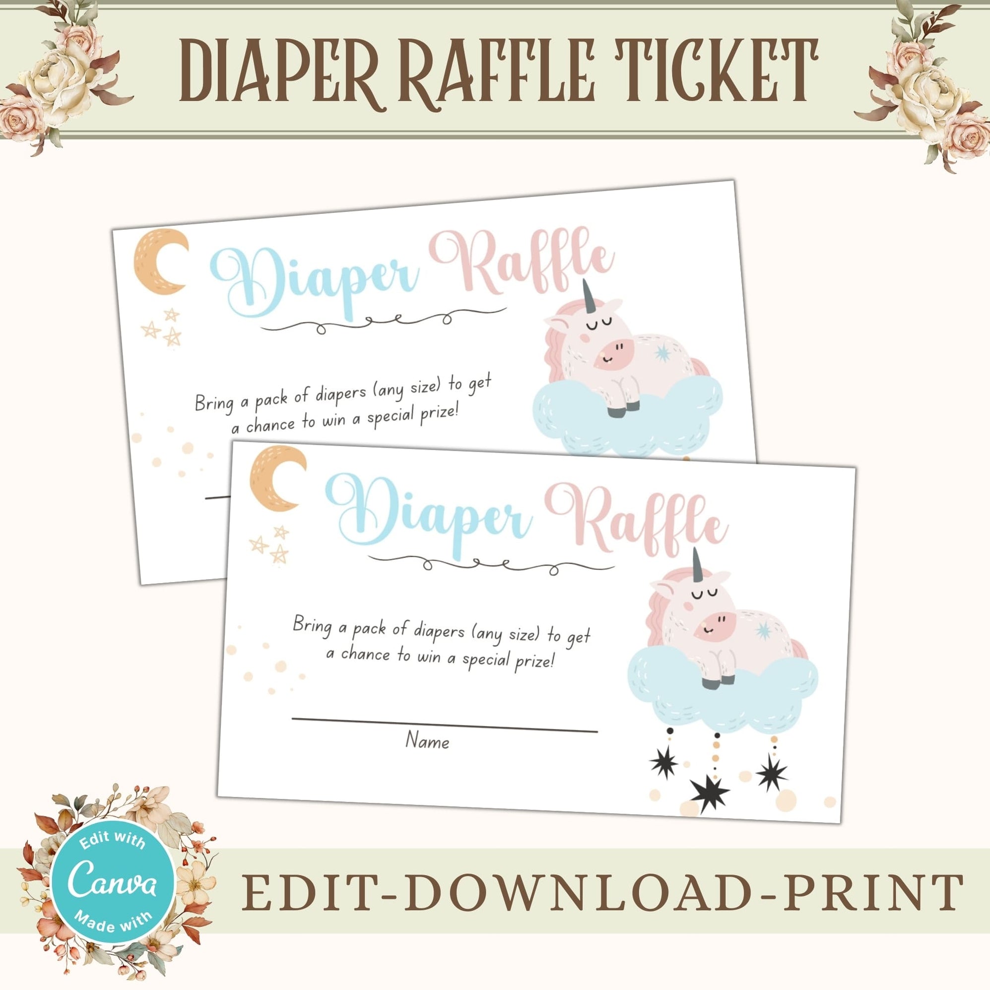 Customizable Unicorn Diaper Raffle Ticket | Unicorn Boho Theme Baby ...