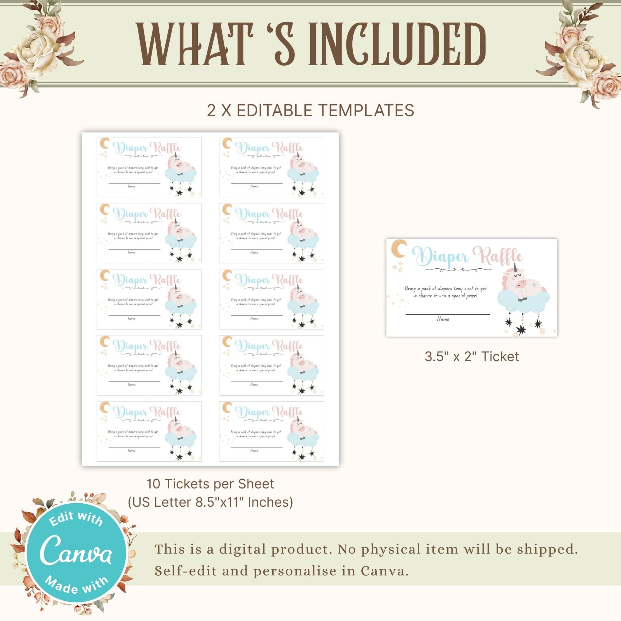 Customizable Unicorn Diaper Raffle Ticket | Unicorn Boho Theme Baby ...