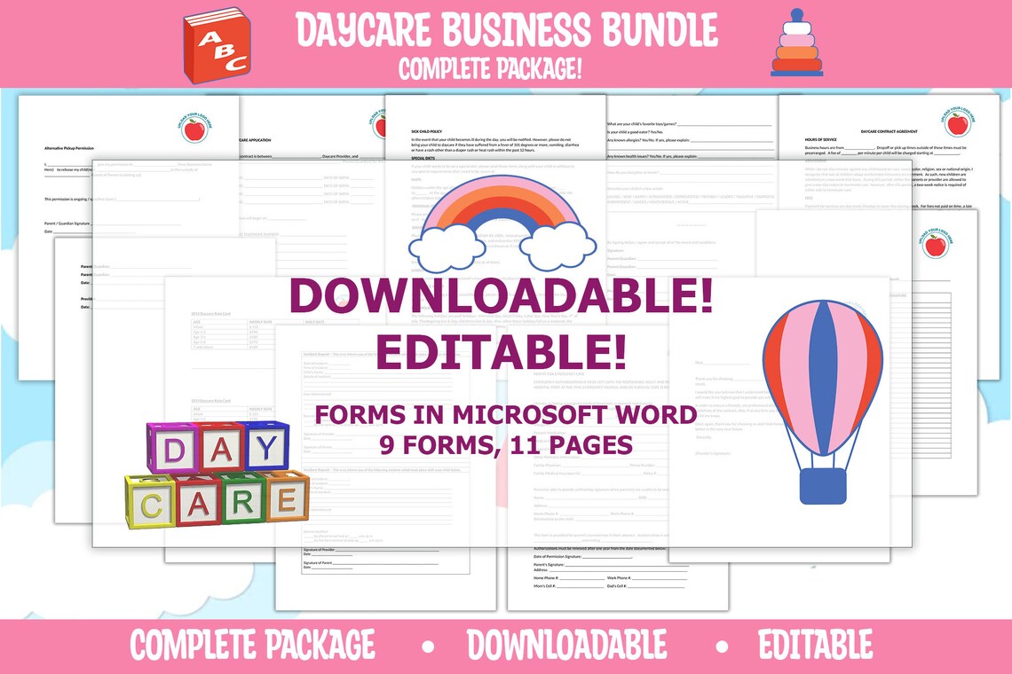 Customizable Daycare Business Forms Bundle | Daycare Provider Startup ...