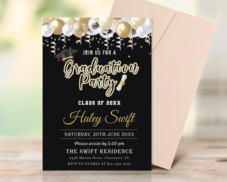 DIY Graduation Invite Template Black Gold | Grad Party Invitation ...