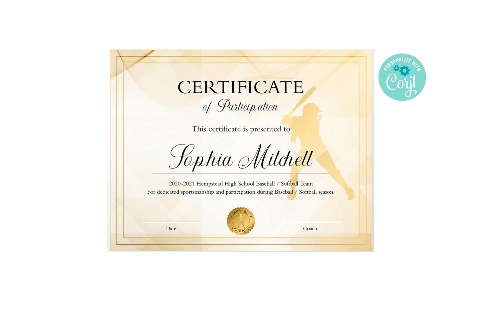 Editable Gold Girls Softball Certificate Template — Posh Park