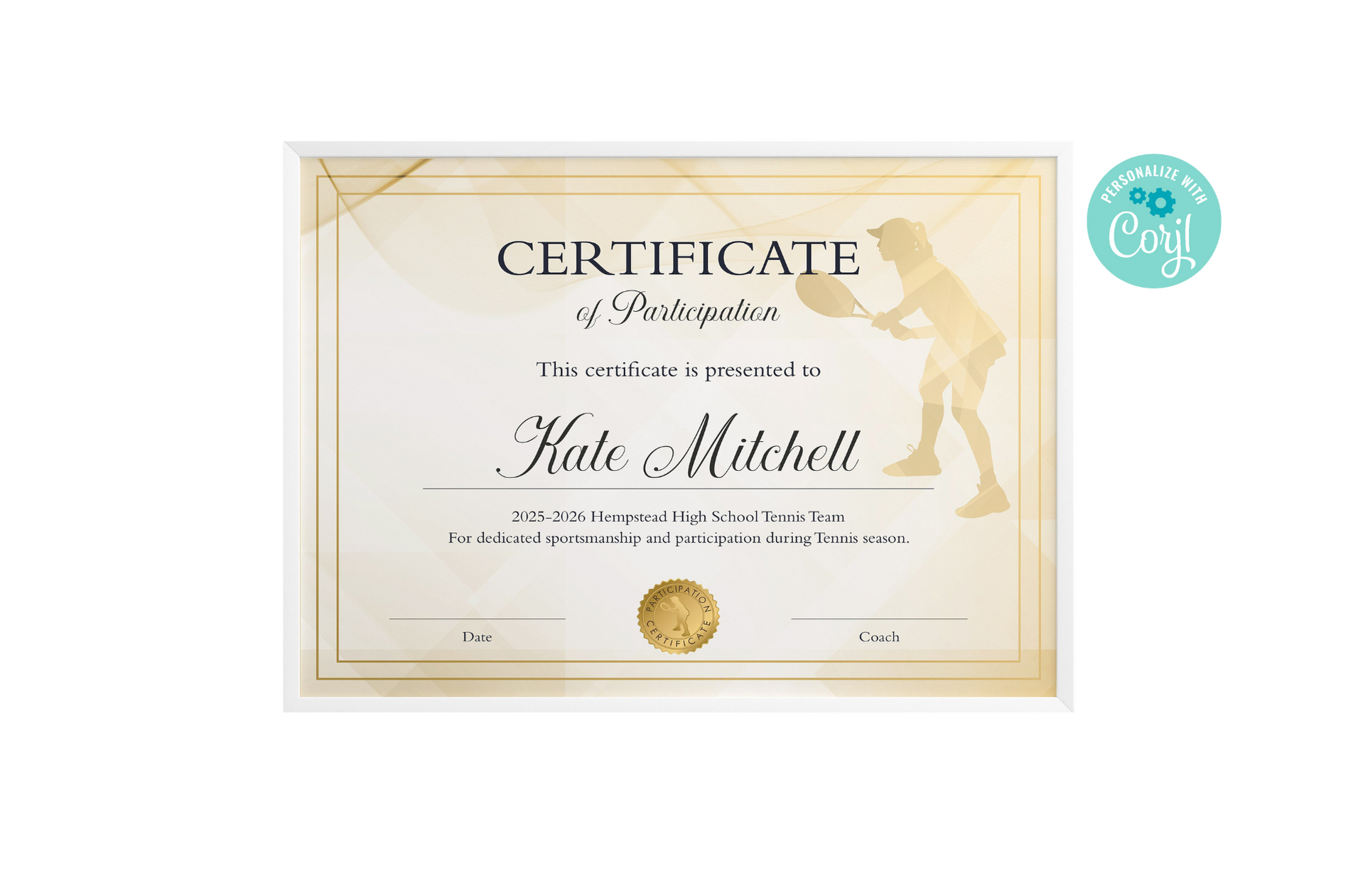 Editable Tennis Certificate Template for Girls, Minimalist Printable T ...