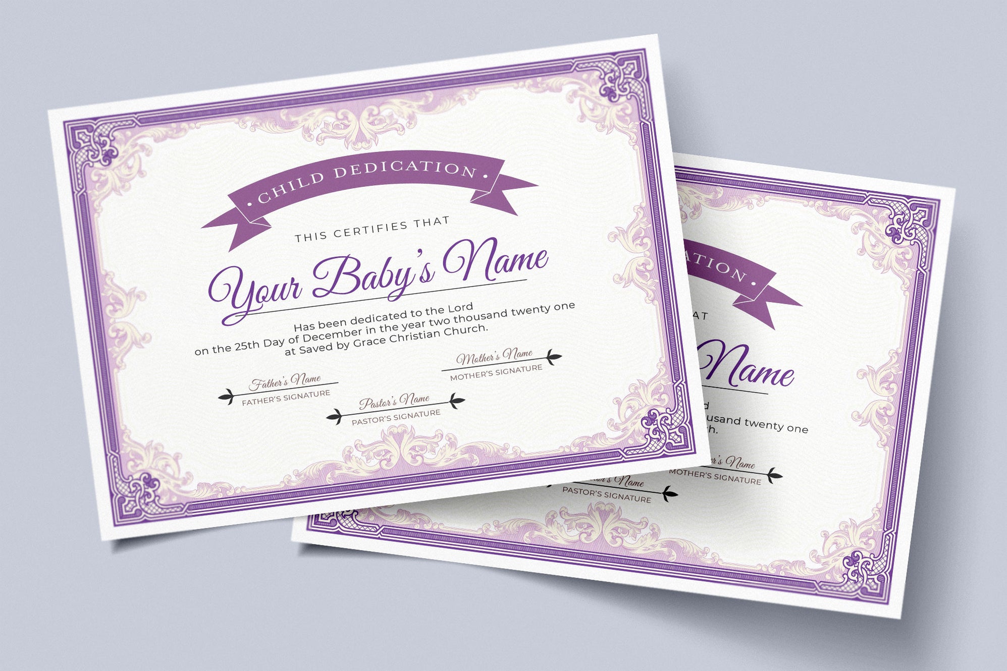 DIY Child Dedication Certificate, Editable Purple Lavender Baby Dedica ...