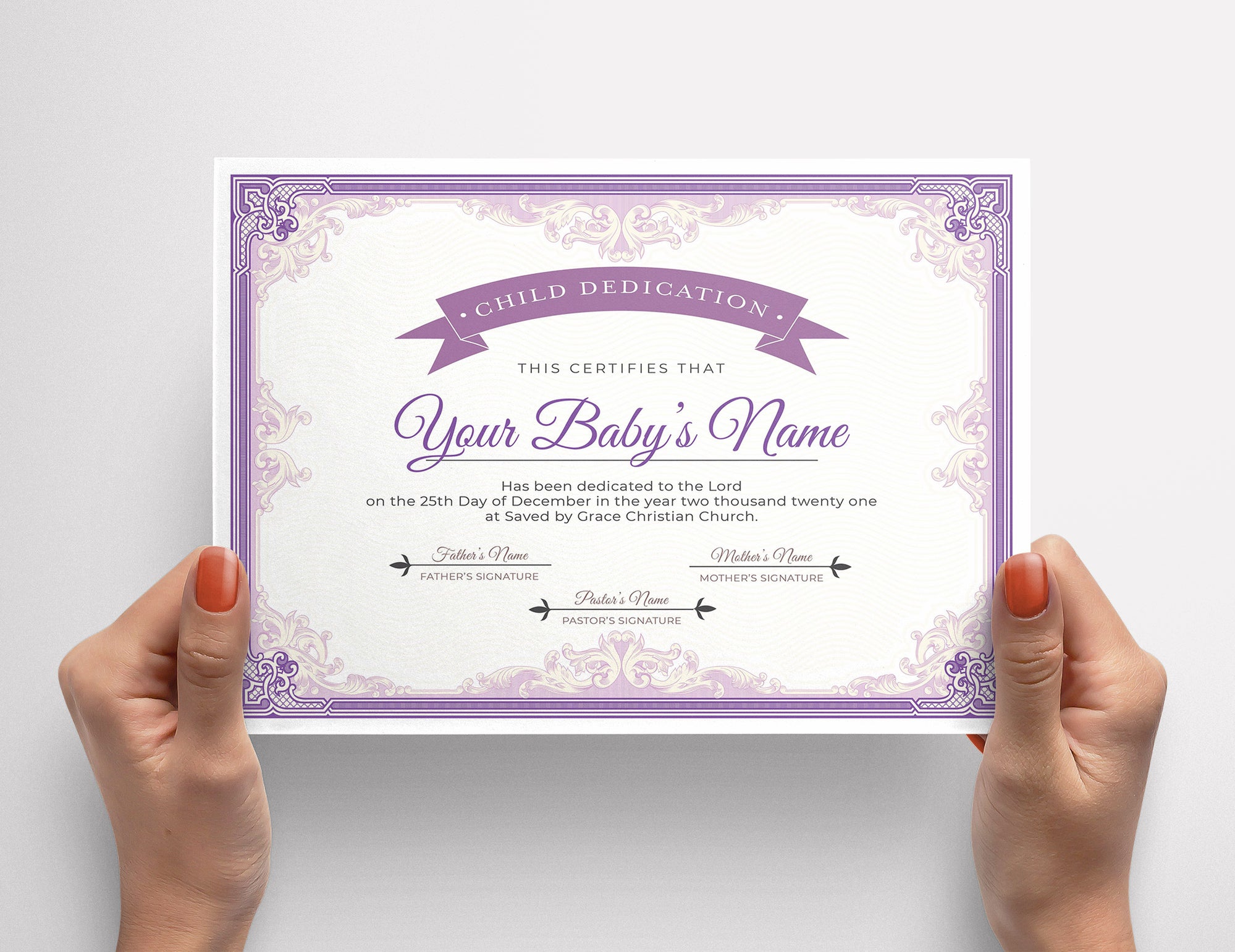 DIY Child Dedication Certificate, Editable Purple Lavender Baby Dedica ...