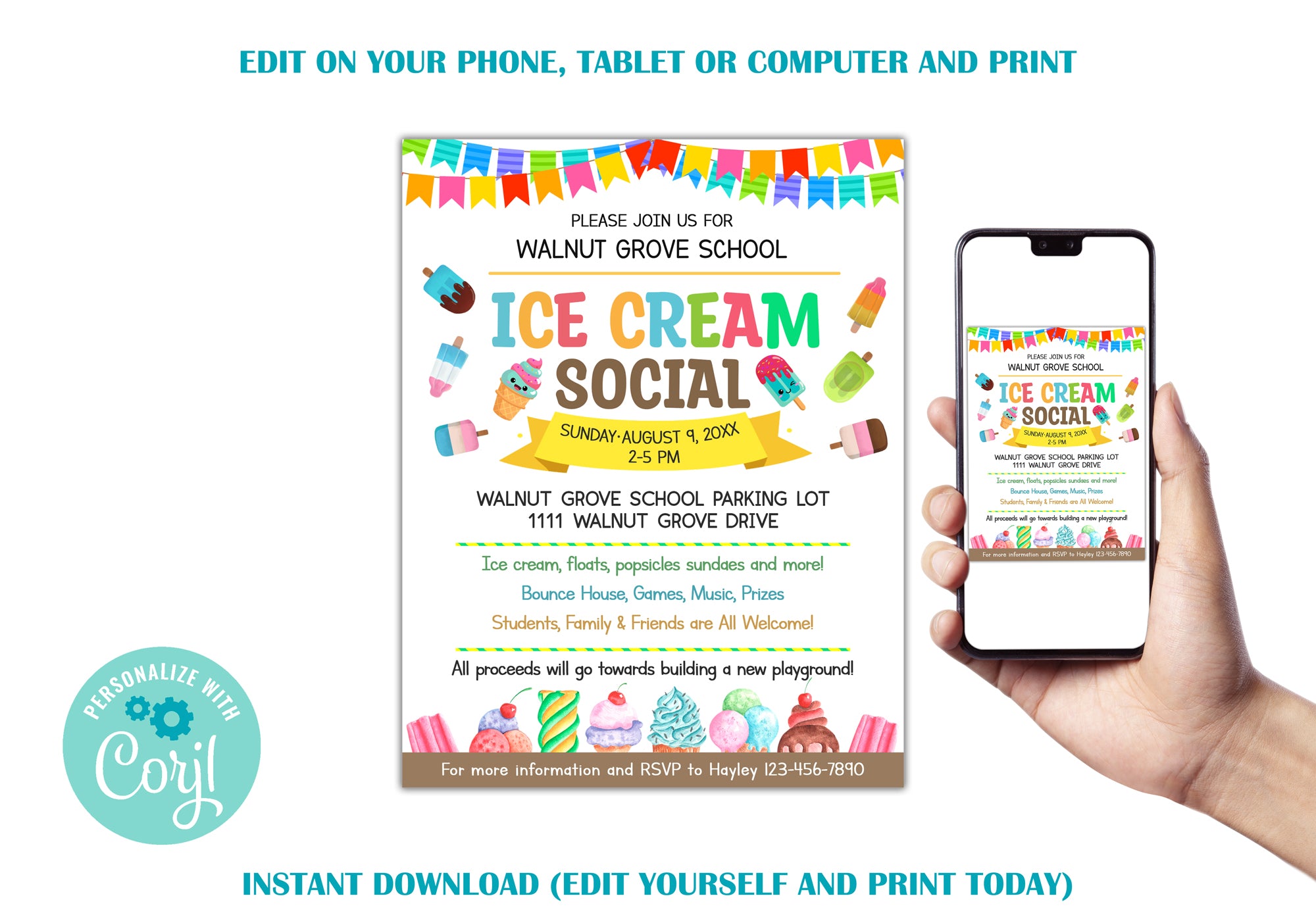 Summer Ice Cream Social Flyer, Editable Ice Cream Party Watercolor Fly ...