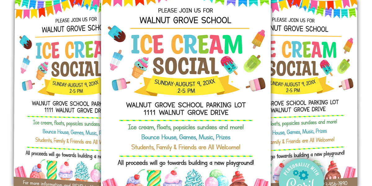 Summer Ice Cream Social Flyer, Editable Ice Cream Party Watercolor Fly ...