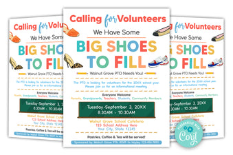 Editable DIY Big Shoes to Fill School Flyer Template, PTO PTA Voluntee ...