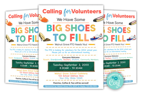 Editable DIY Big Shoes to Fill School Flyer Template, PTO PTA Voluntee ...