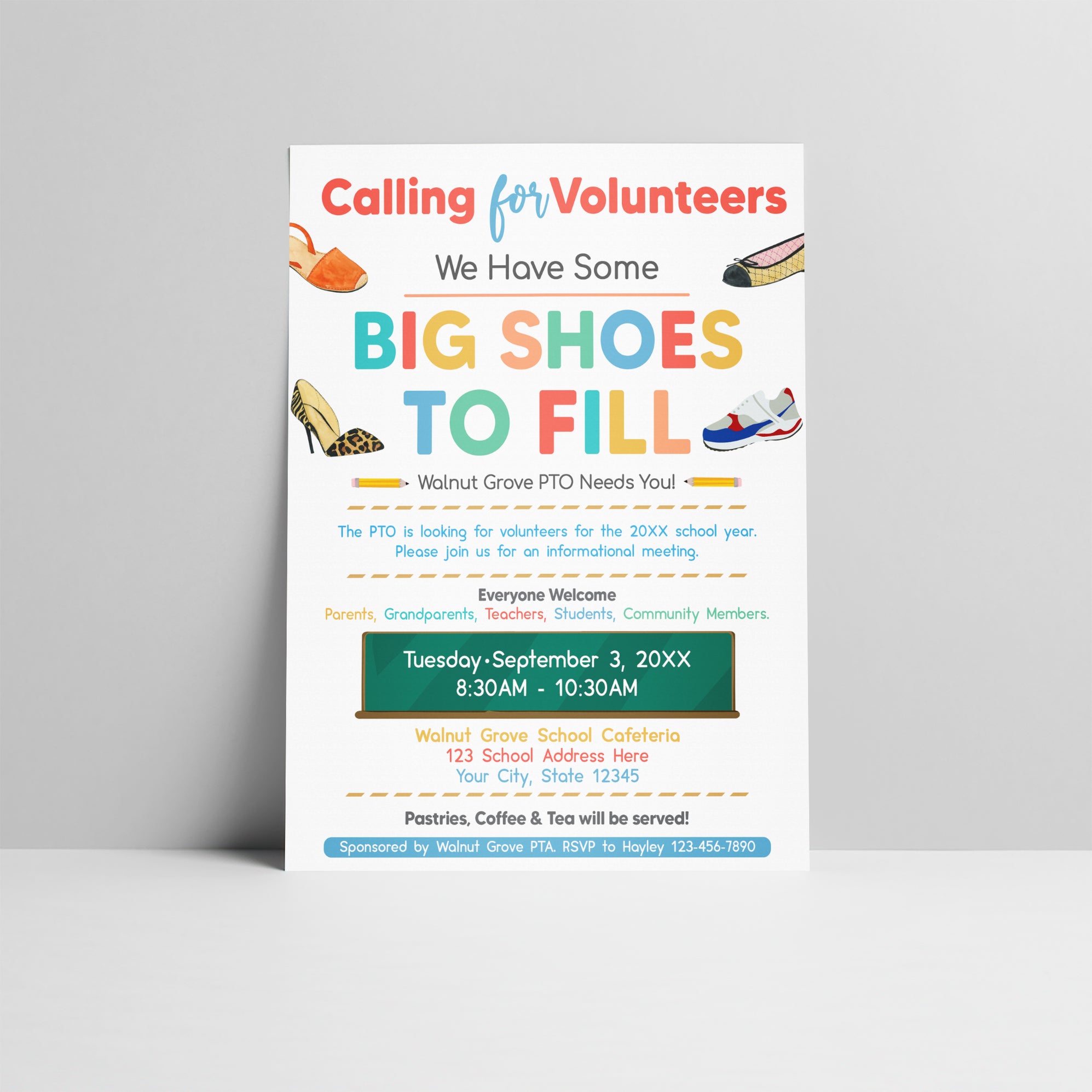 Editable DIY Big Shoes to Fill School Flyer Template, PTO PTA Voluntee ...