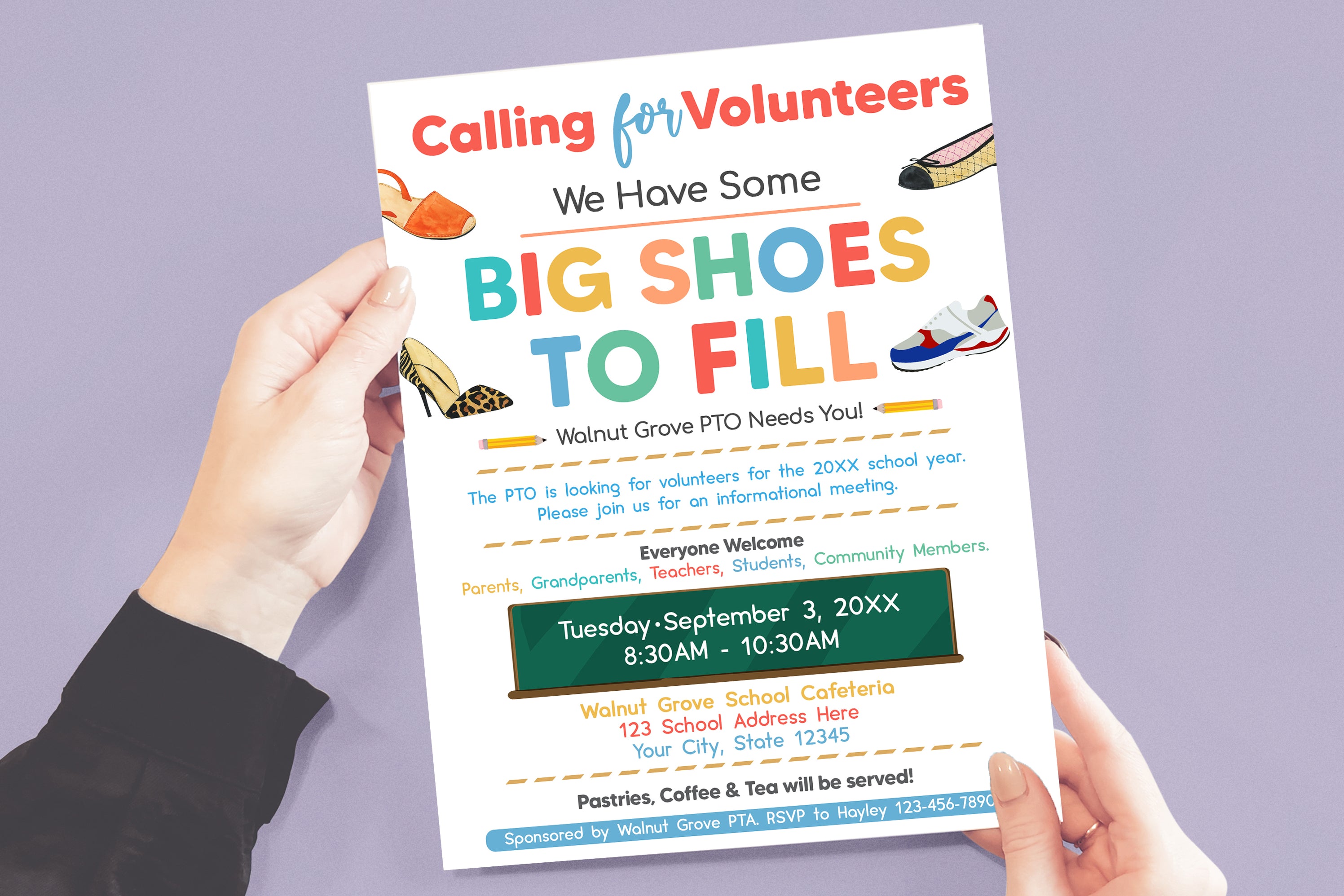 Editable DIY Big Shoes to Fill School Flyer Template, PTO PTA Voluntee — Posh Park