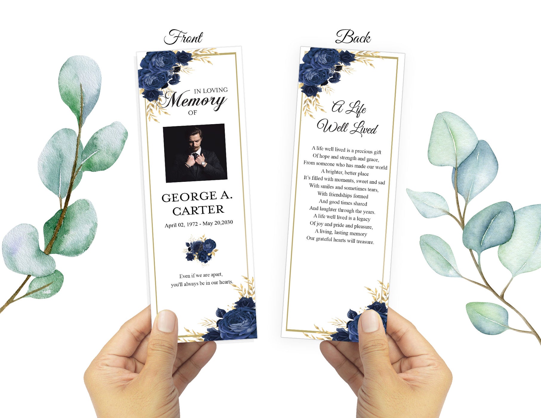 Editable 9+ Piece Navy Blue Rose Funeral Program Template with Picture ...