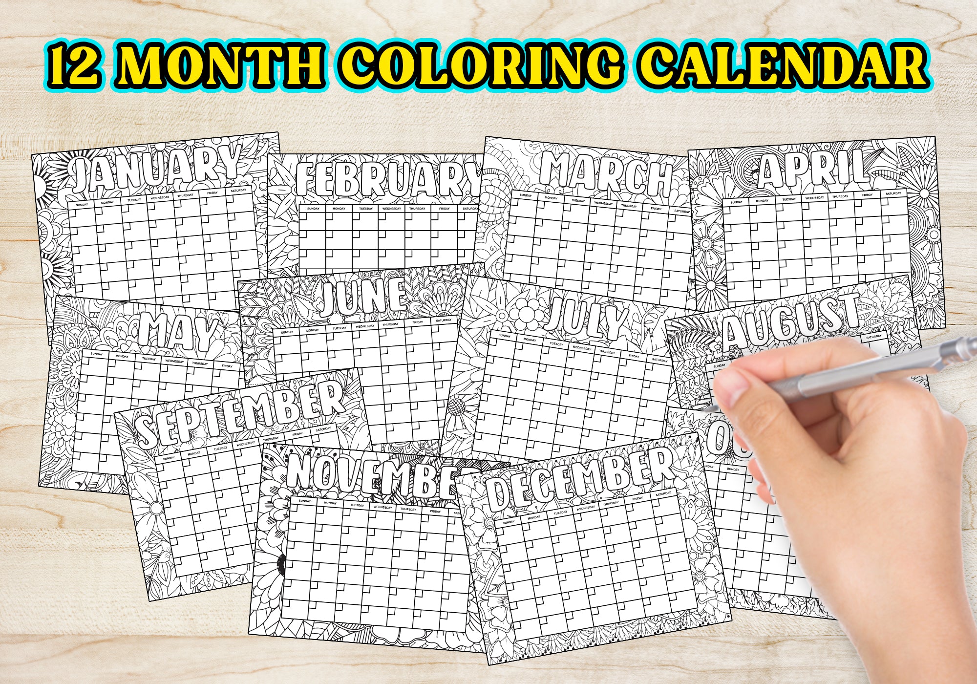 PDF Flower Pattern 12 Month Coloring Calendar, Printable Floral Colori ...