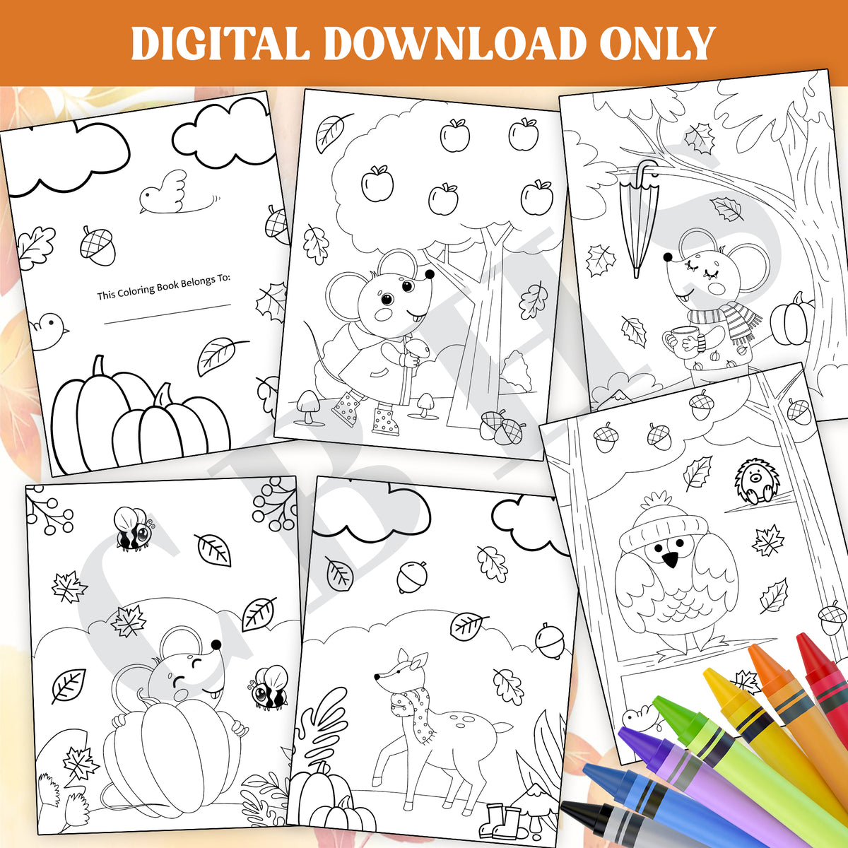 Printable PDF Fall Coloring Pages V1, Cute Autumn Kids Coloring Book P ...