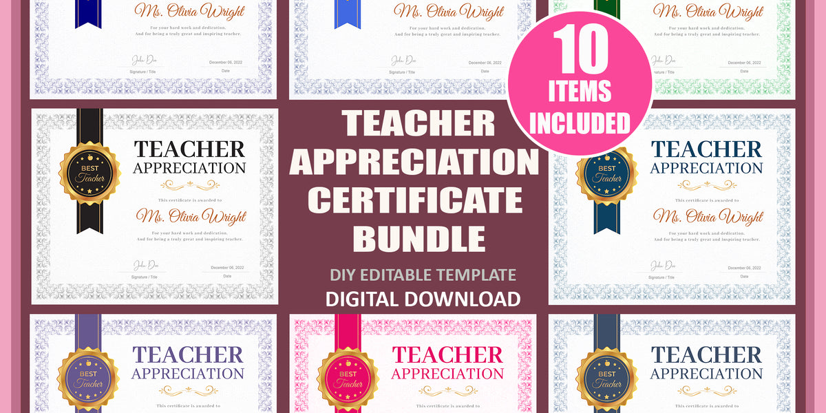 DIY Teacher Appreciation Award Certificate Template Bundle Set of 10 - Posh Park