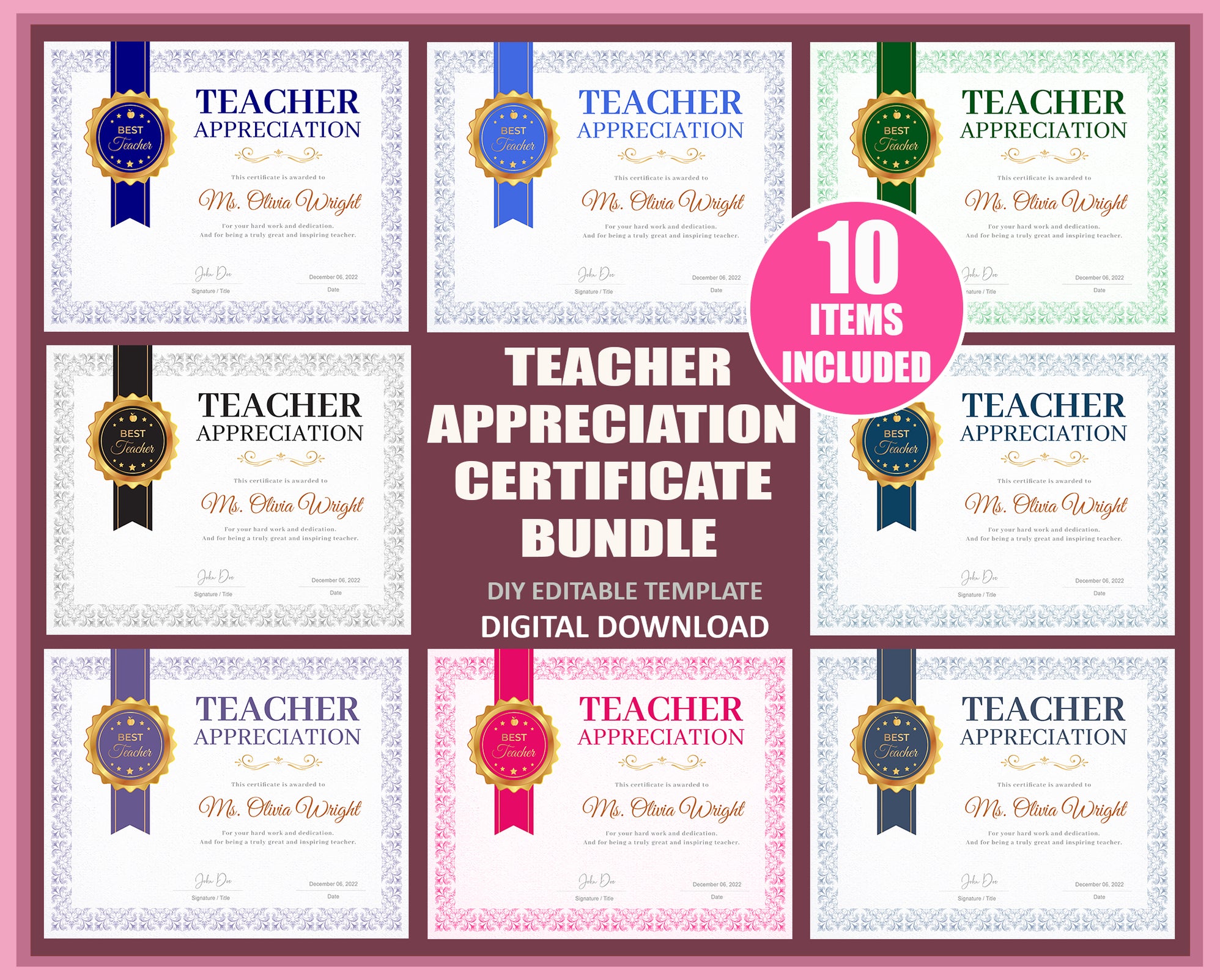 DIY Teacher Appreciation Award Certificate Template Bundle Set of 10 ...