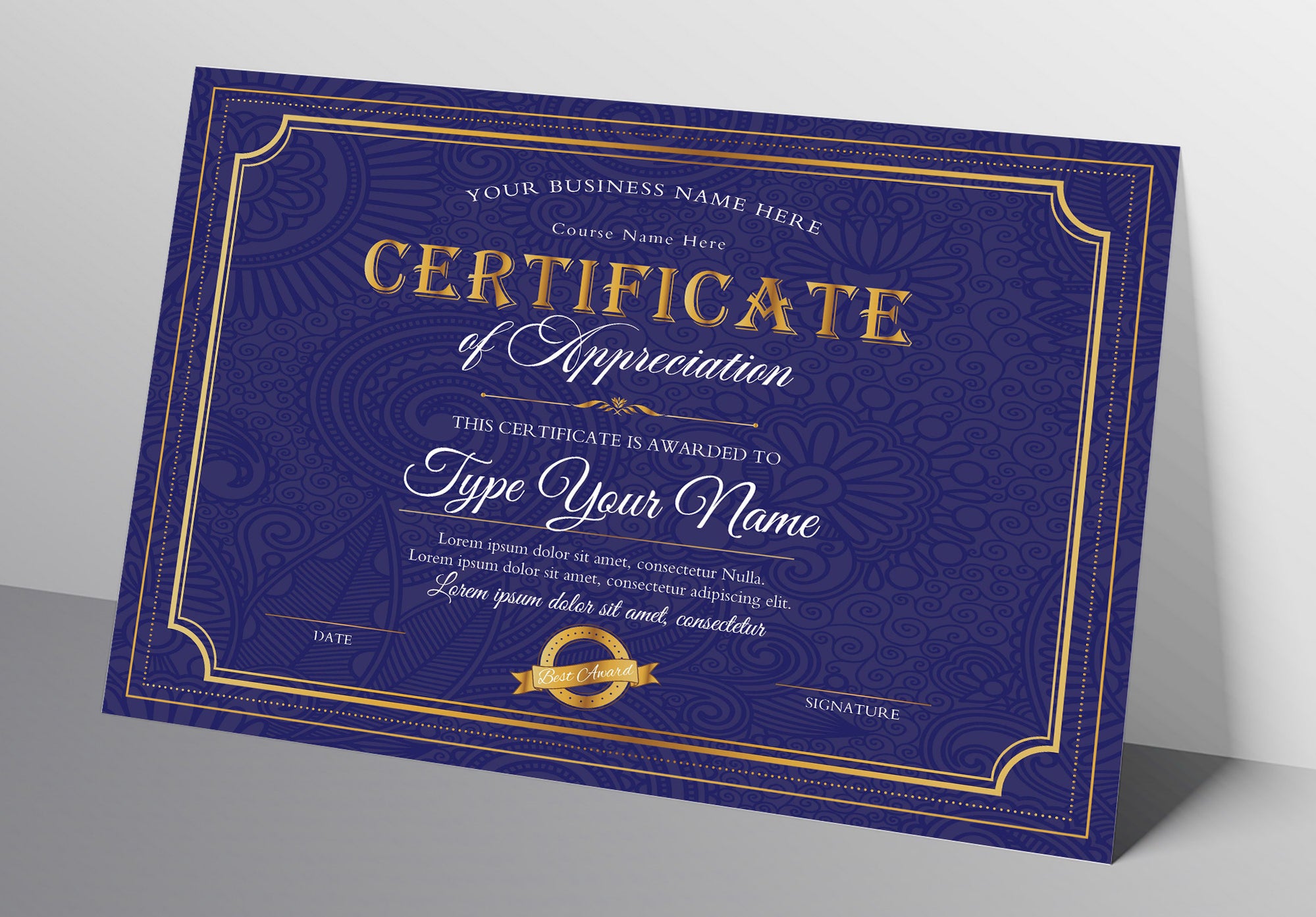 Editable DIY Certificate of Appreciation Royal Blue and Gold, Custom A ...