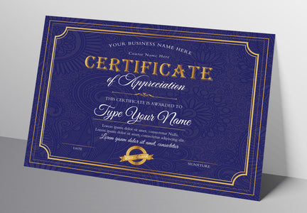 Editable DIY Certificate of Appreciation Royal Blue and Gold, Custom A ...