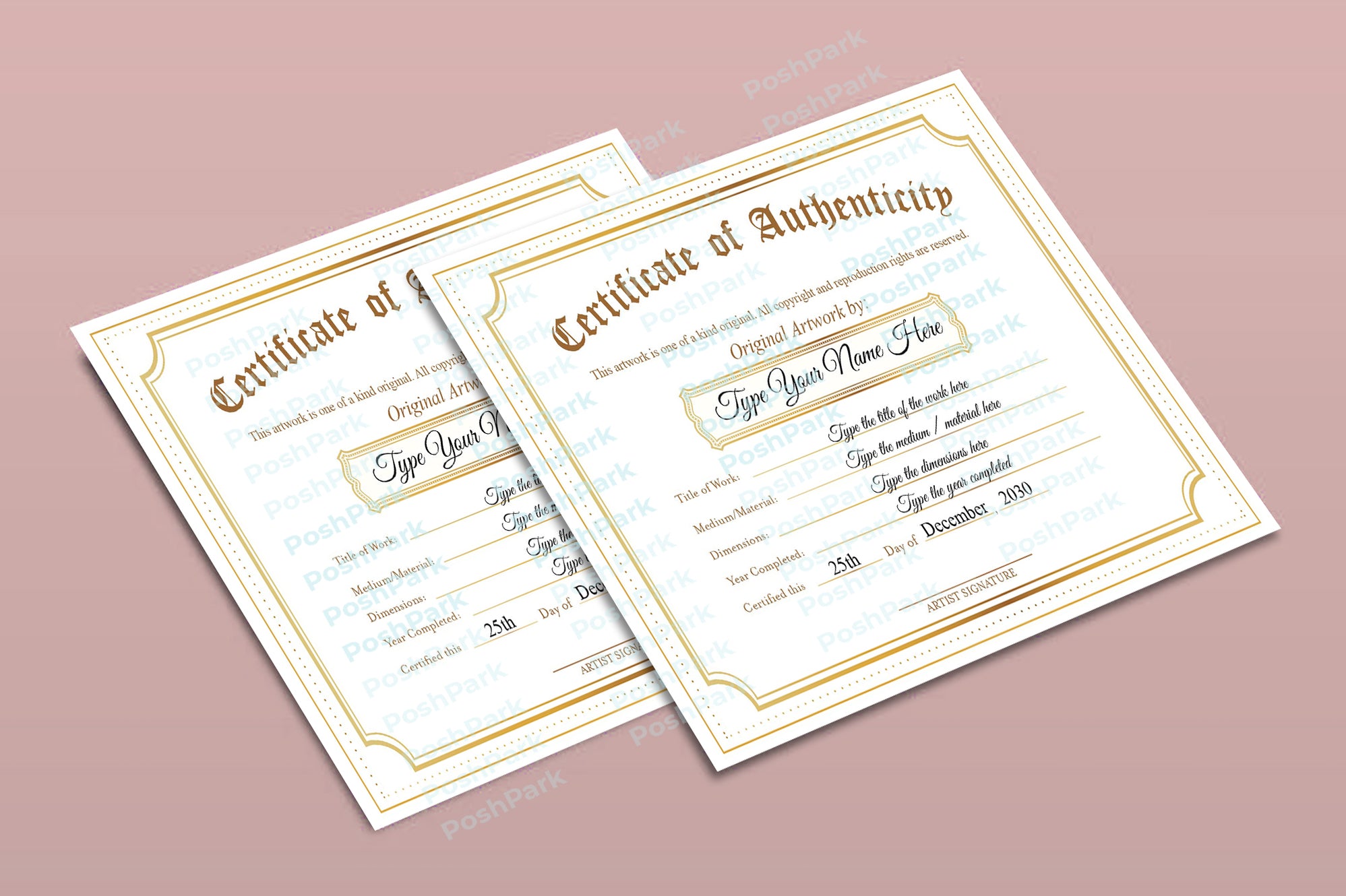 Editable 4 Certificate of Authenticity for Artwork GOLD per Sheet, Cus ...