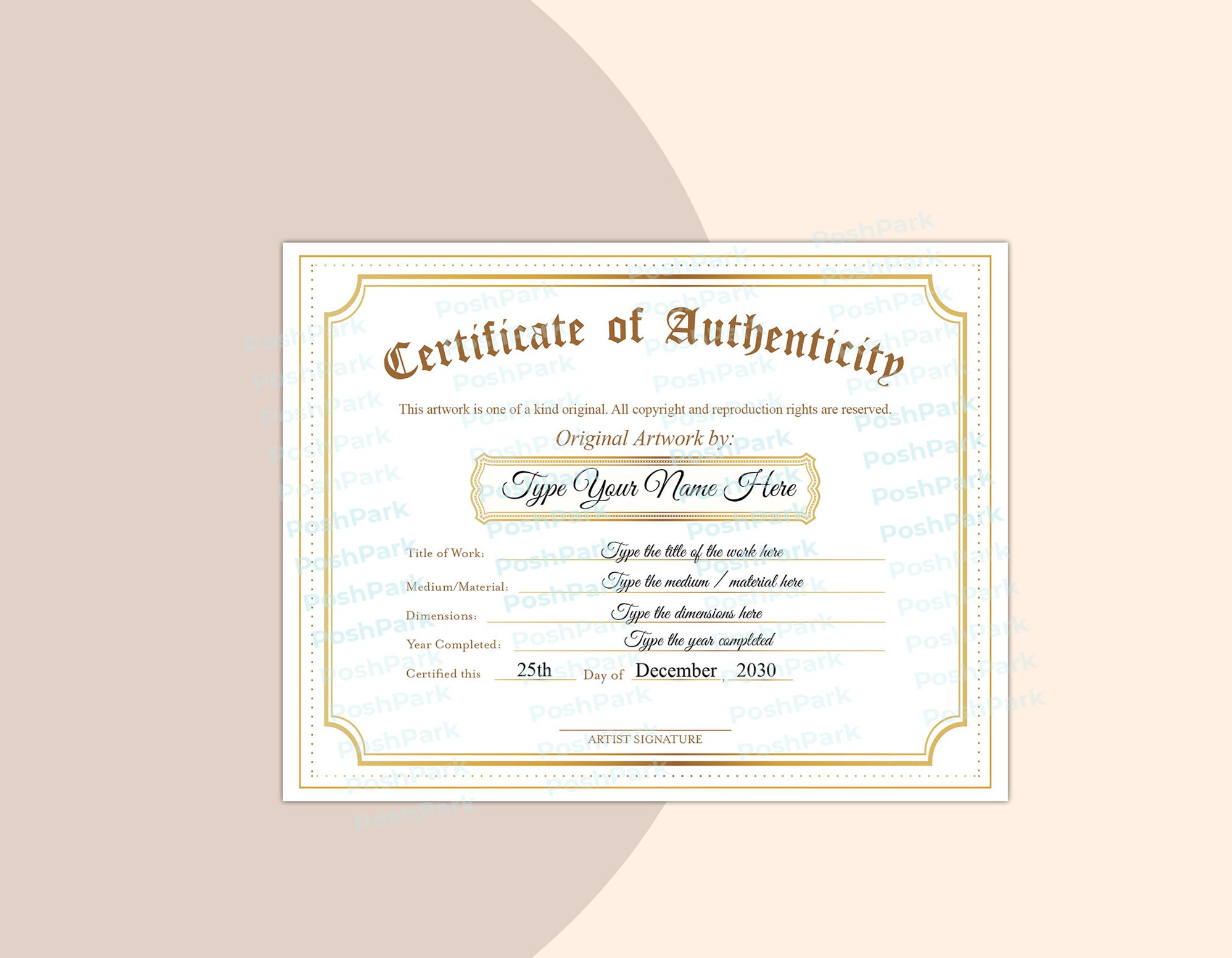 Editable 4 Certificate of Authenticity for Artwork GOLD per Sheet, Cus ...