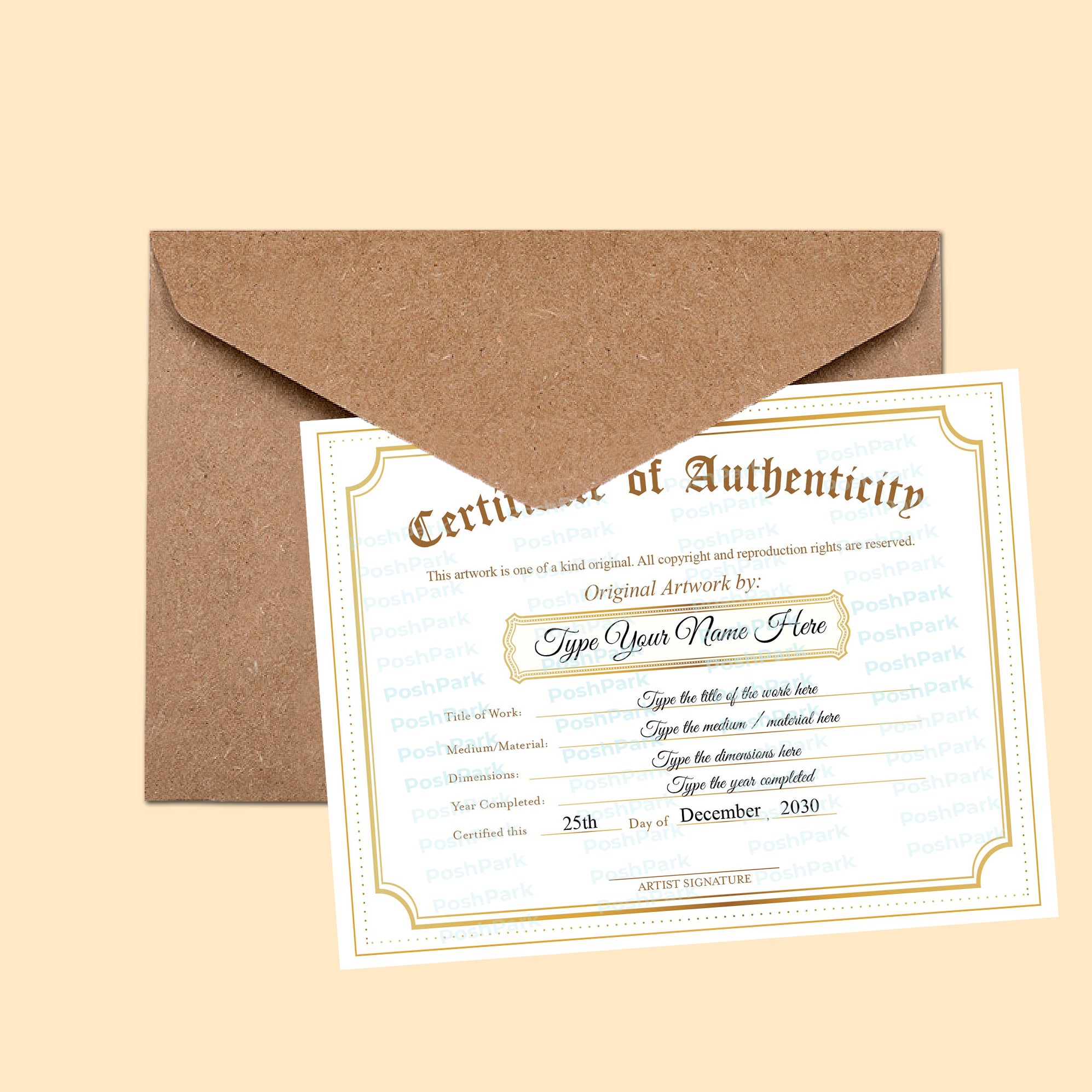 Editable 4 Certificate of Authenticity for Artwork GOLD per Sheet, Cus ...