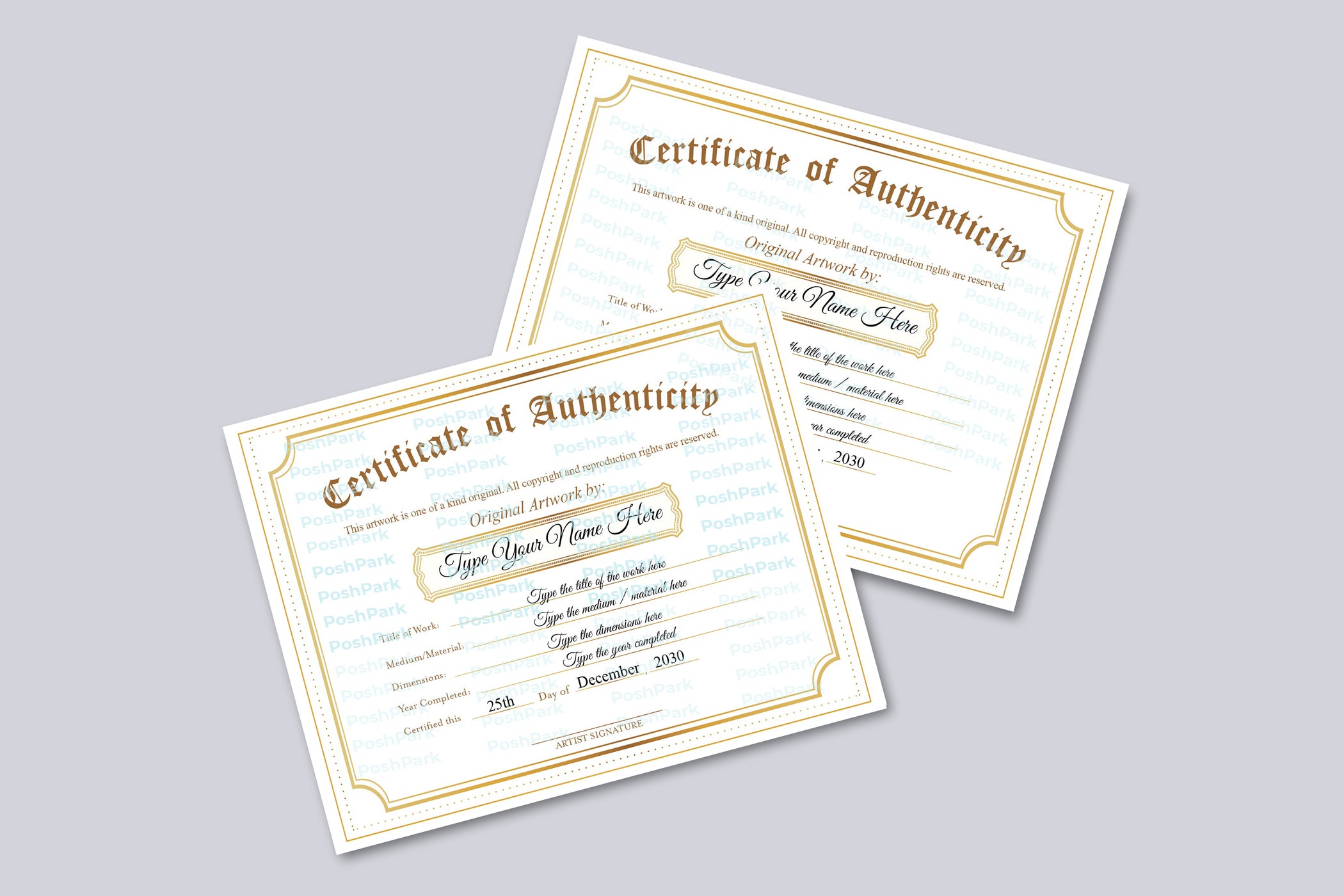 Editable 4 Certificate of Authenticity for Artwork GOLD per Sheet, Cus ...