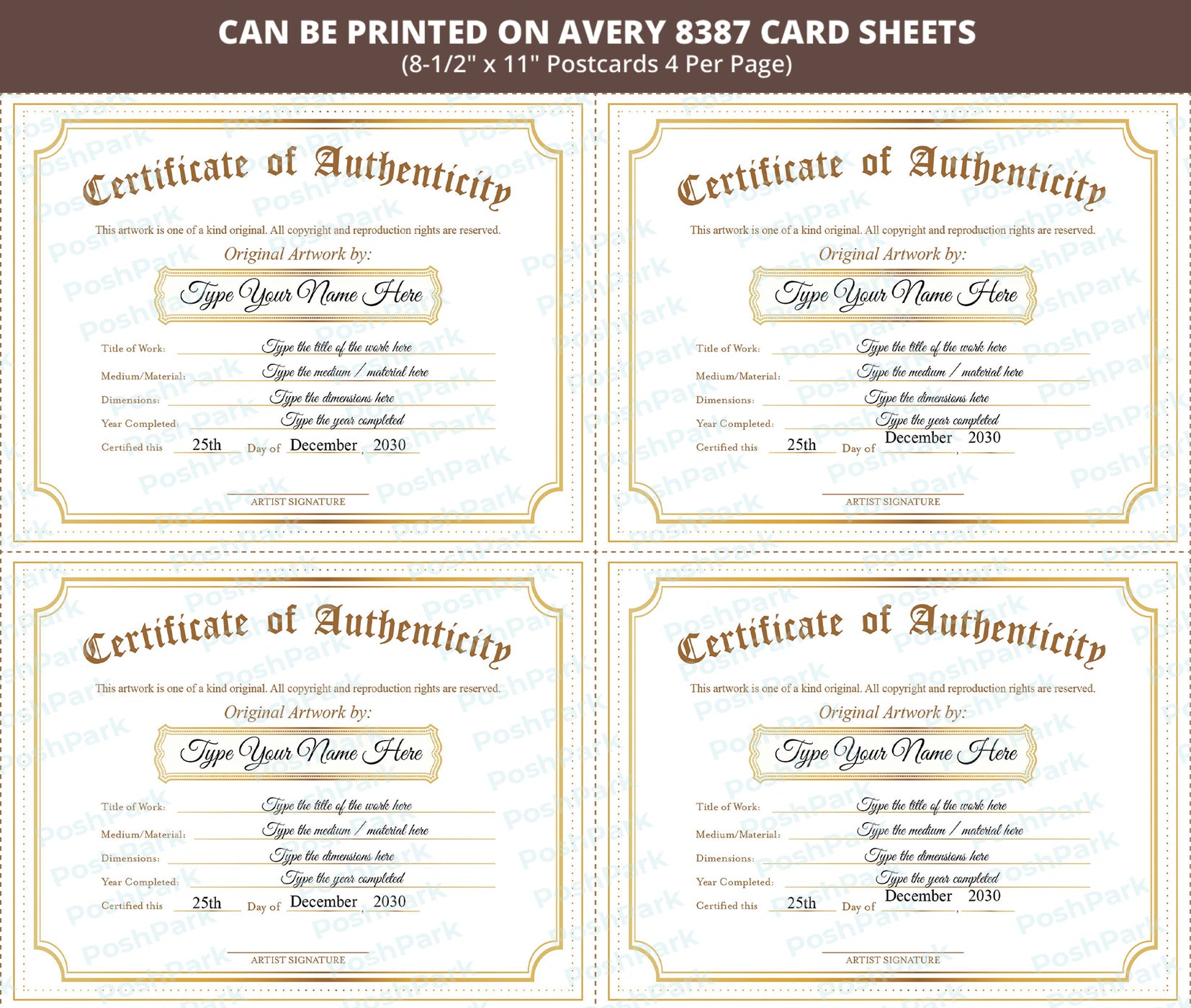 Editable 4 Certificate of Authenticity for Artwork GOLD per Sheet, Cus ...