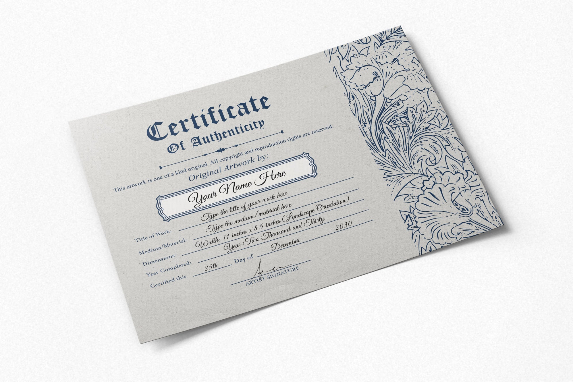 DIY Certificate of Authenticity for Original Work Set of 2, Custom Aut ...