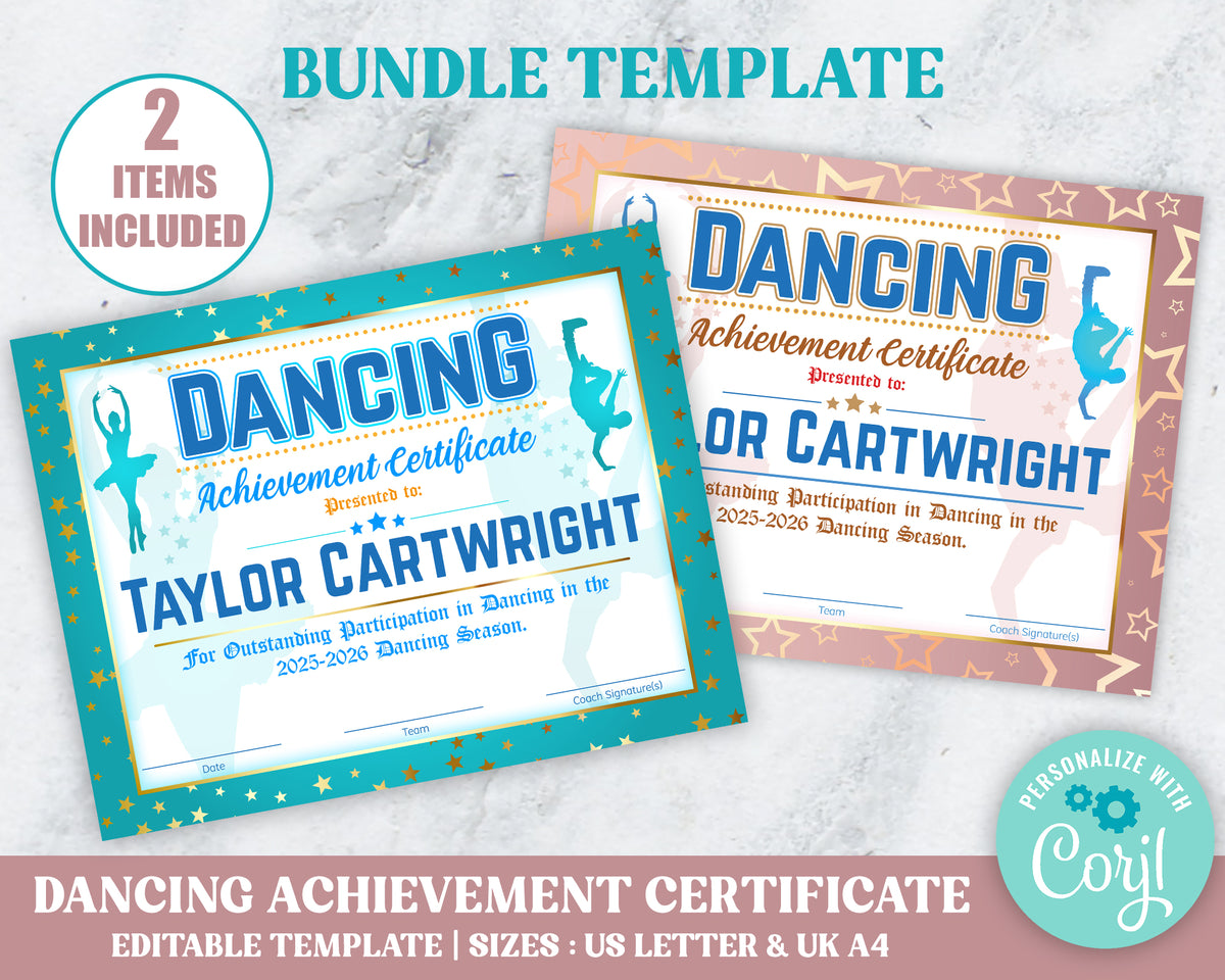DIY Dancer Certificate Bundle, Set of 2 Dance Recital Award Blue and P ...