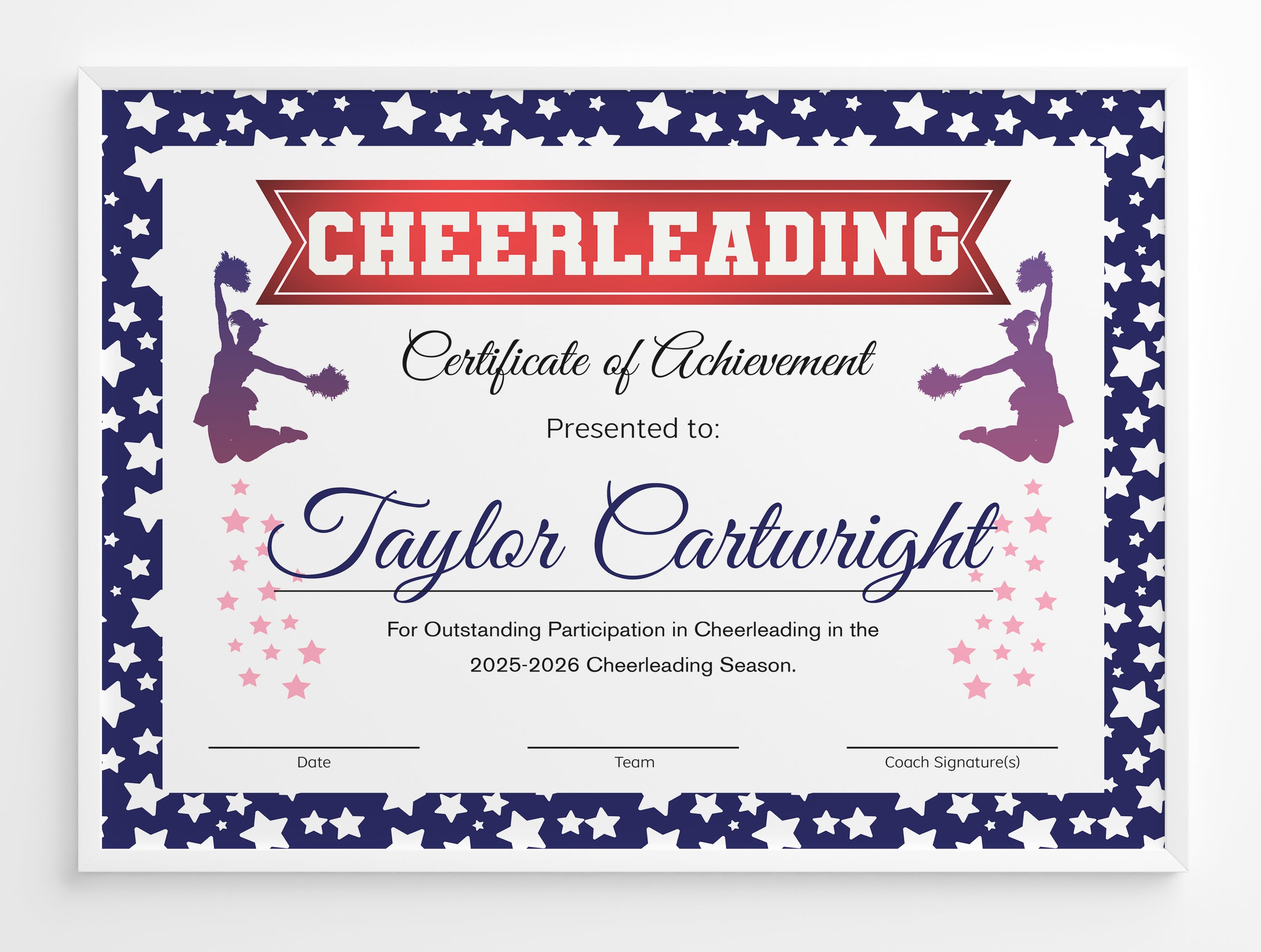 DIY Editable Cheerleader Certificate Red and Blue, Customizable Sports ...