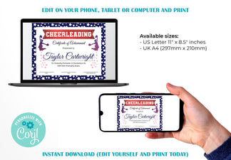 DIY Cheerleading Certificate Blue and Red Set of 2, Bundle Cheerleader ...