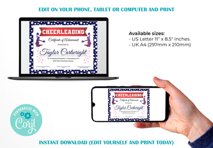DIY Cheerleading Certificate Blue and Red Set of 2, Bundle Cheerleader ...
