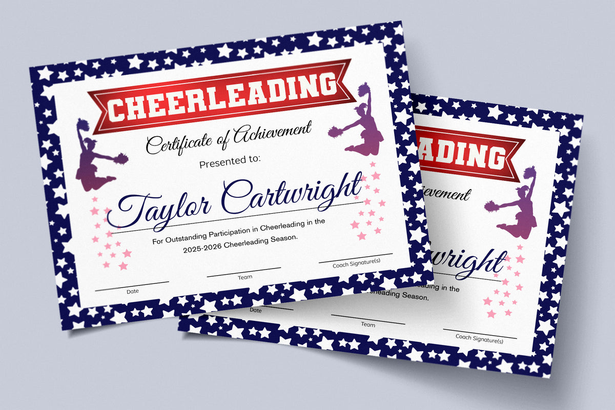 DIY Editable Cheerleader Certificate Red and Blue, Customizable Sports ...