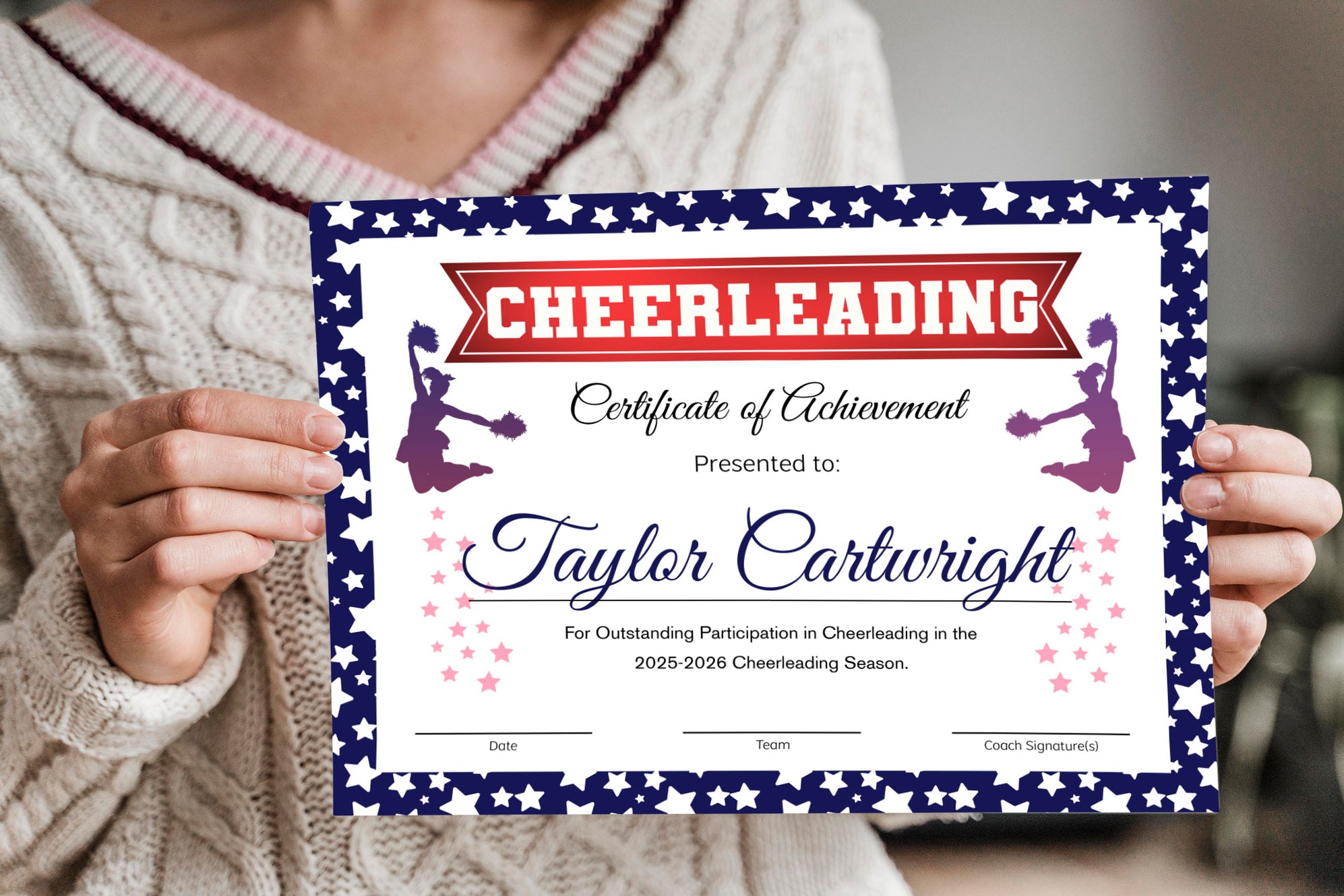 DIY Editable Cheerleader Certificate Red and Blue, Customizable Sports ...