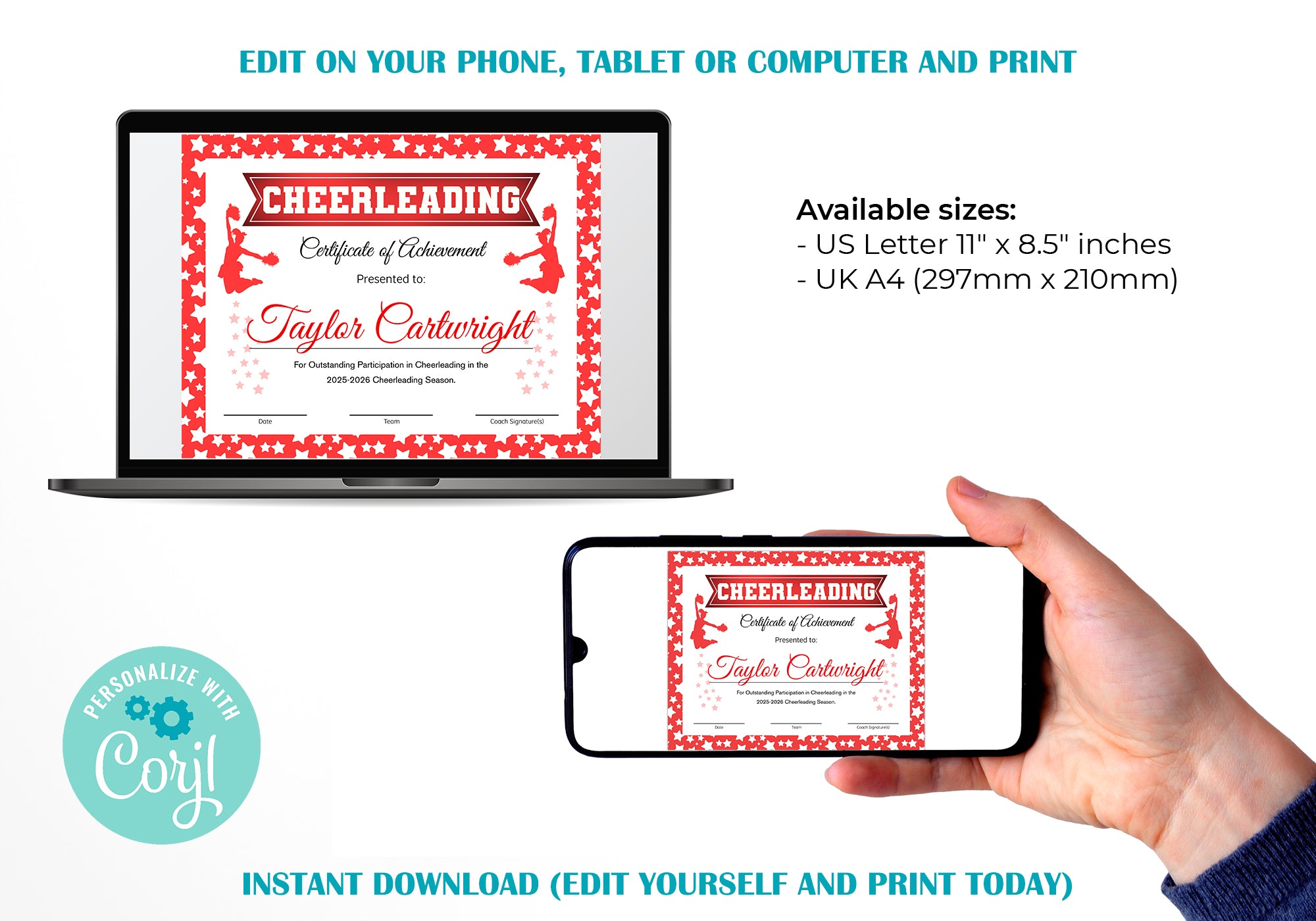 DIY Cheerleader Certificate Set of 4 Bundle, Sports Award Cheerleading ...