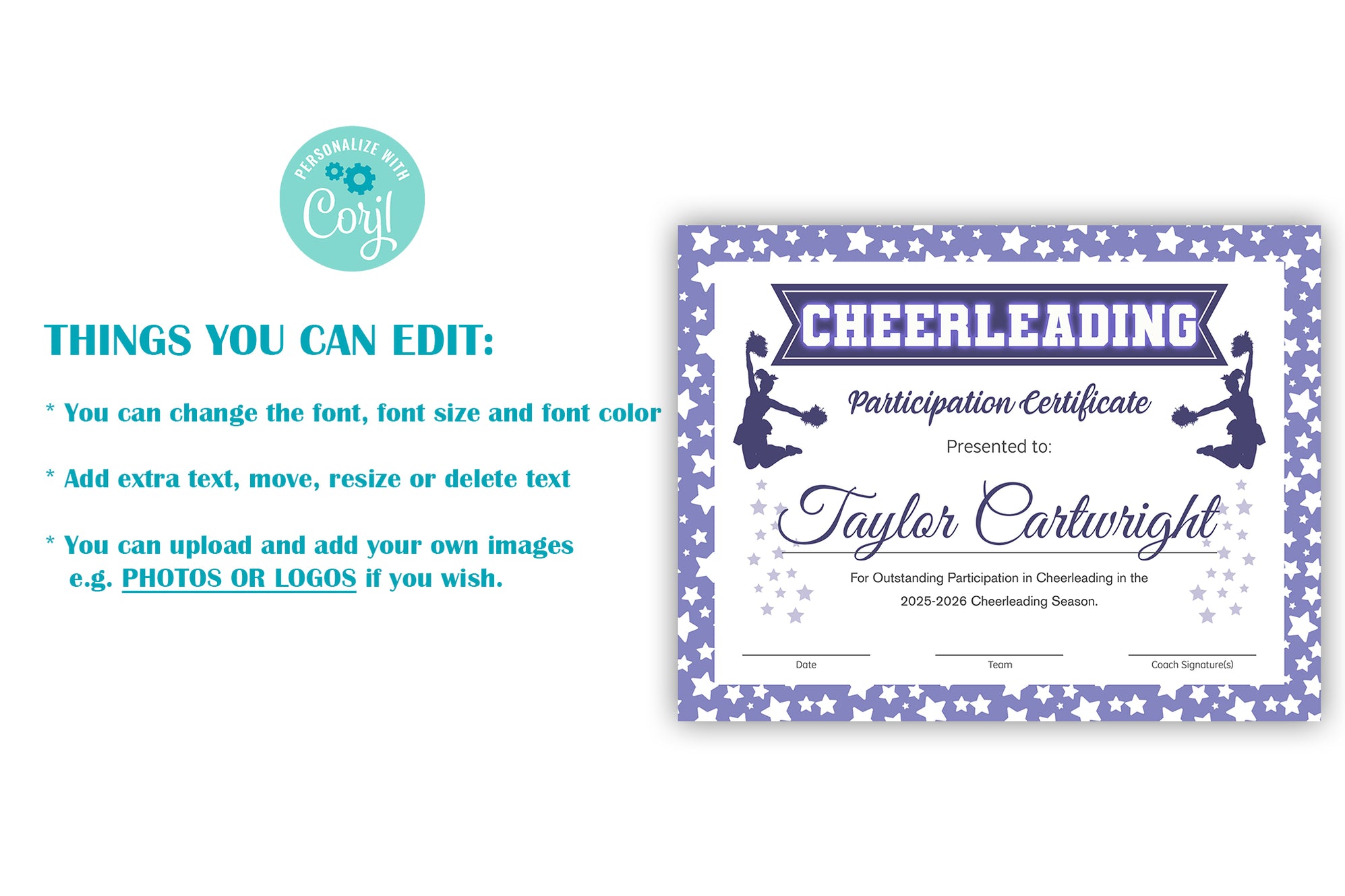 Cheerleading Certificate Template Purple, Editable Cheerleading Awards ...