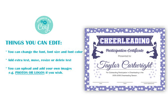 Cheerleading Certificate Template Purple, Editable Cheerleading Awards ...