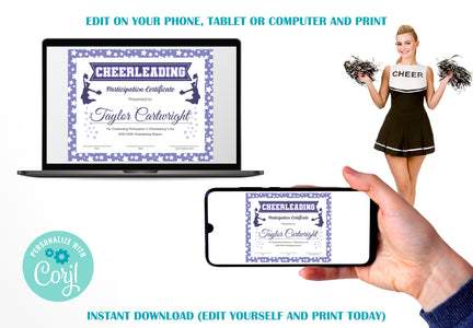 Cheerleading Certificate Template Purple, Editable Cheerleading Awards ...