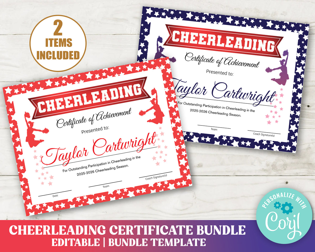 DIY Cheerleading Certificate Blue and Red Set of 2, Bundle Cheerleader ...