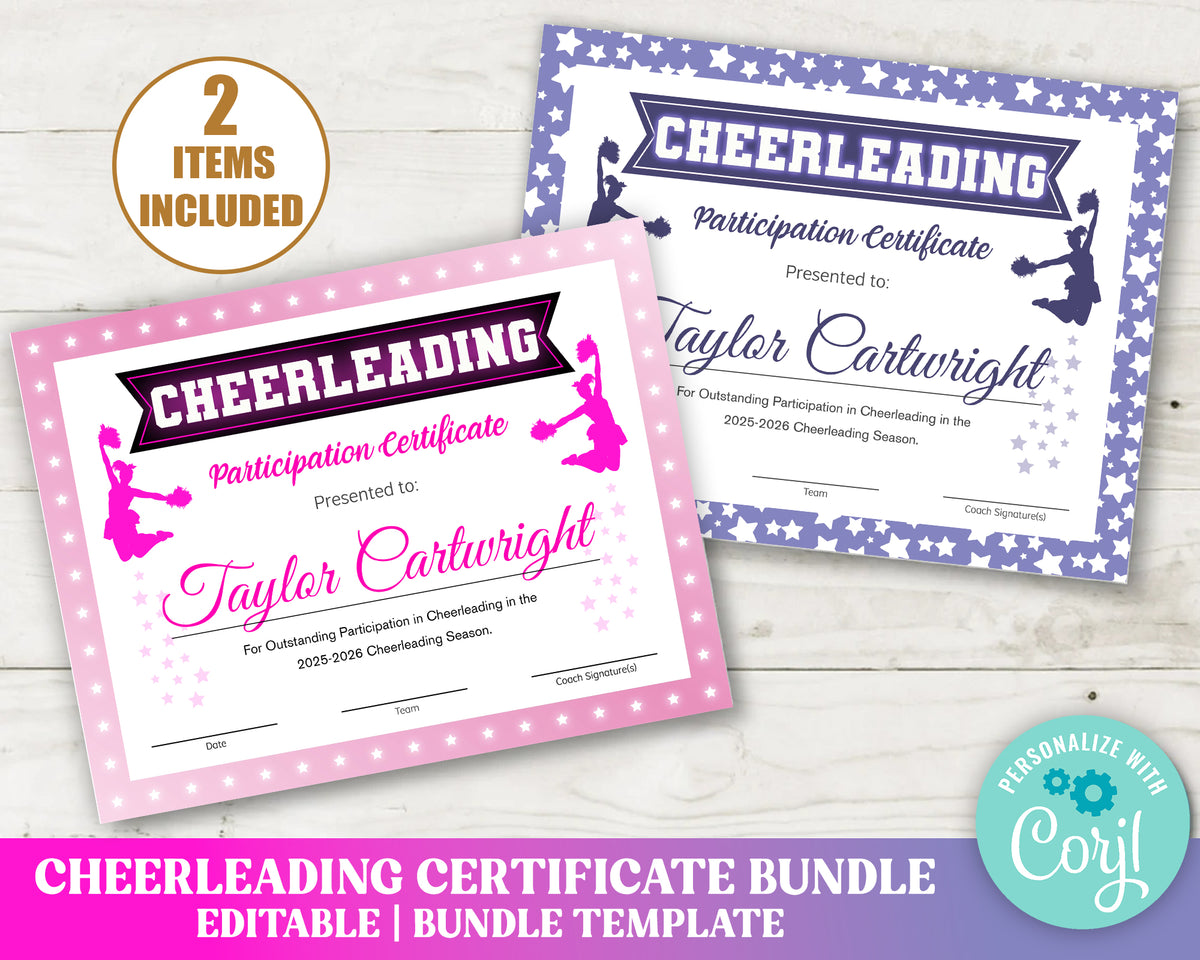 DIY Set of 2 Cheerleader Certificates Bundle, Editable Purple and Pink ...