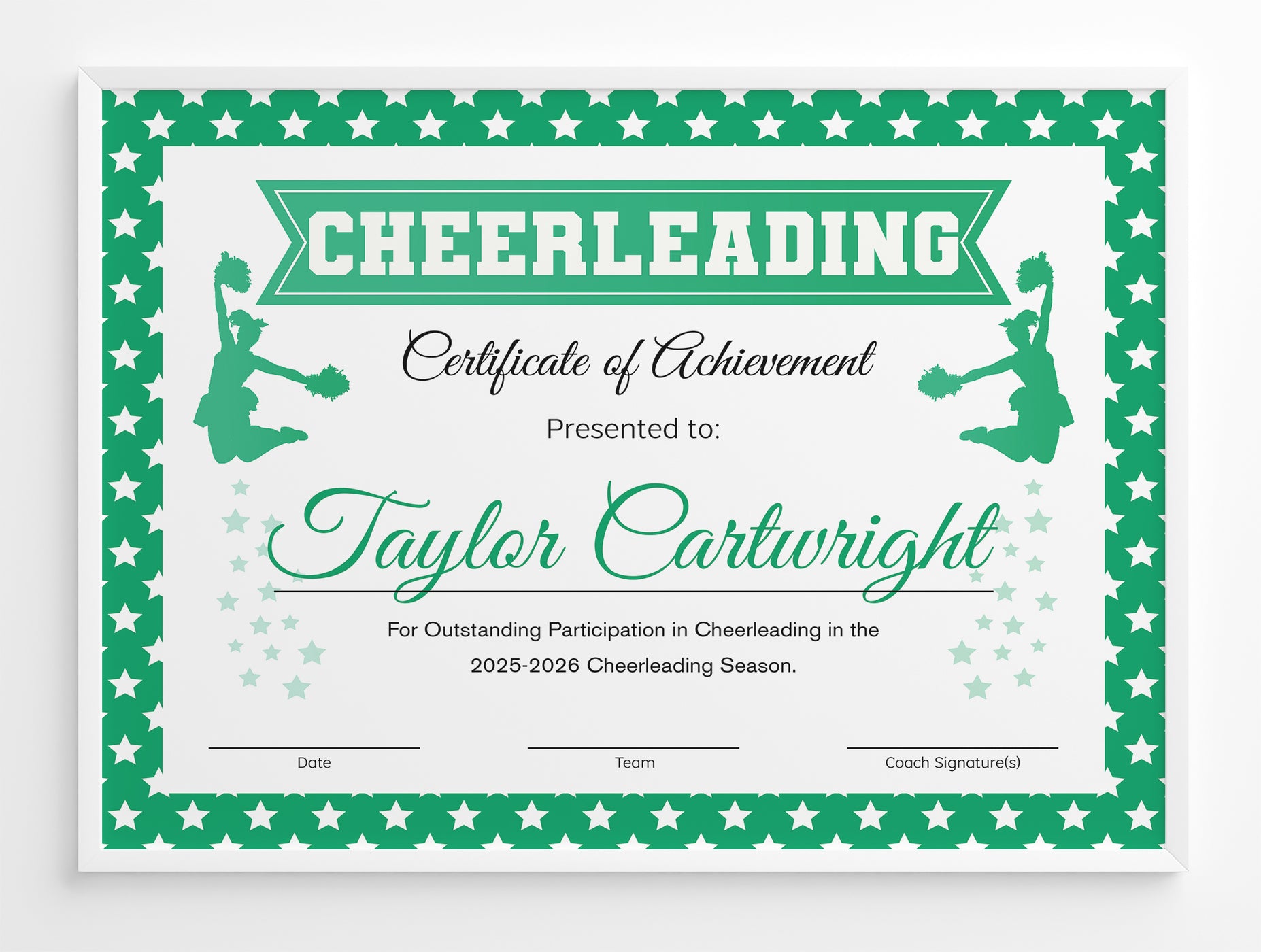 Cheer Certificates Sports Award Green, EDITABLE Cheerleader Certificat ...