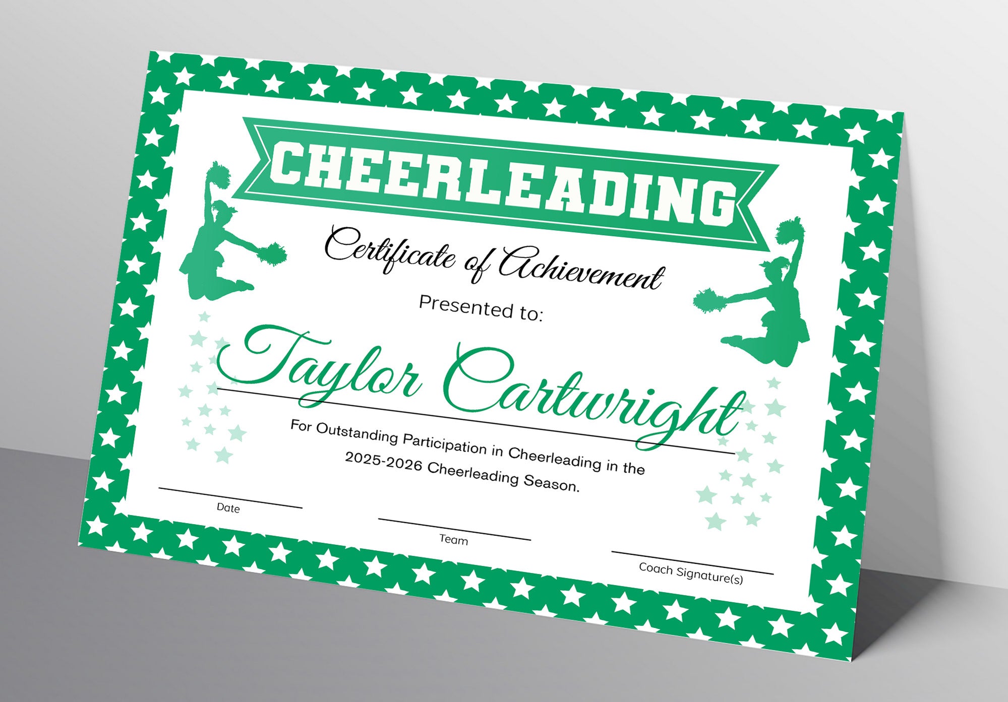 Cheer Certificates Sports Award Green, EDITABLE Cheerleader Certificat ...