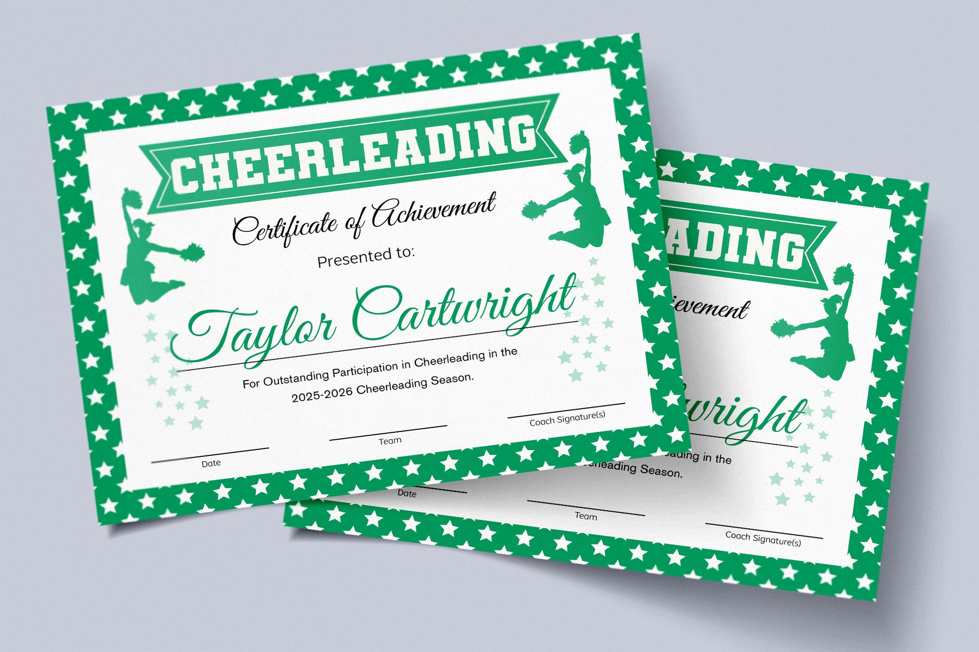 Cheer Certificates Sports Award Green, EDITABLE Cheerleader Certificat ...