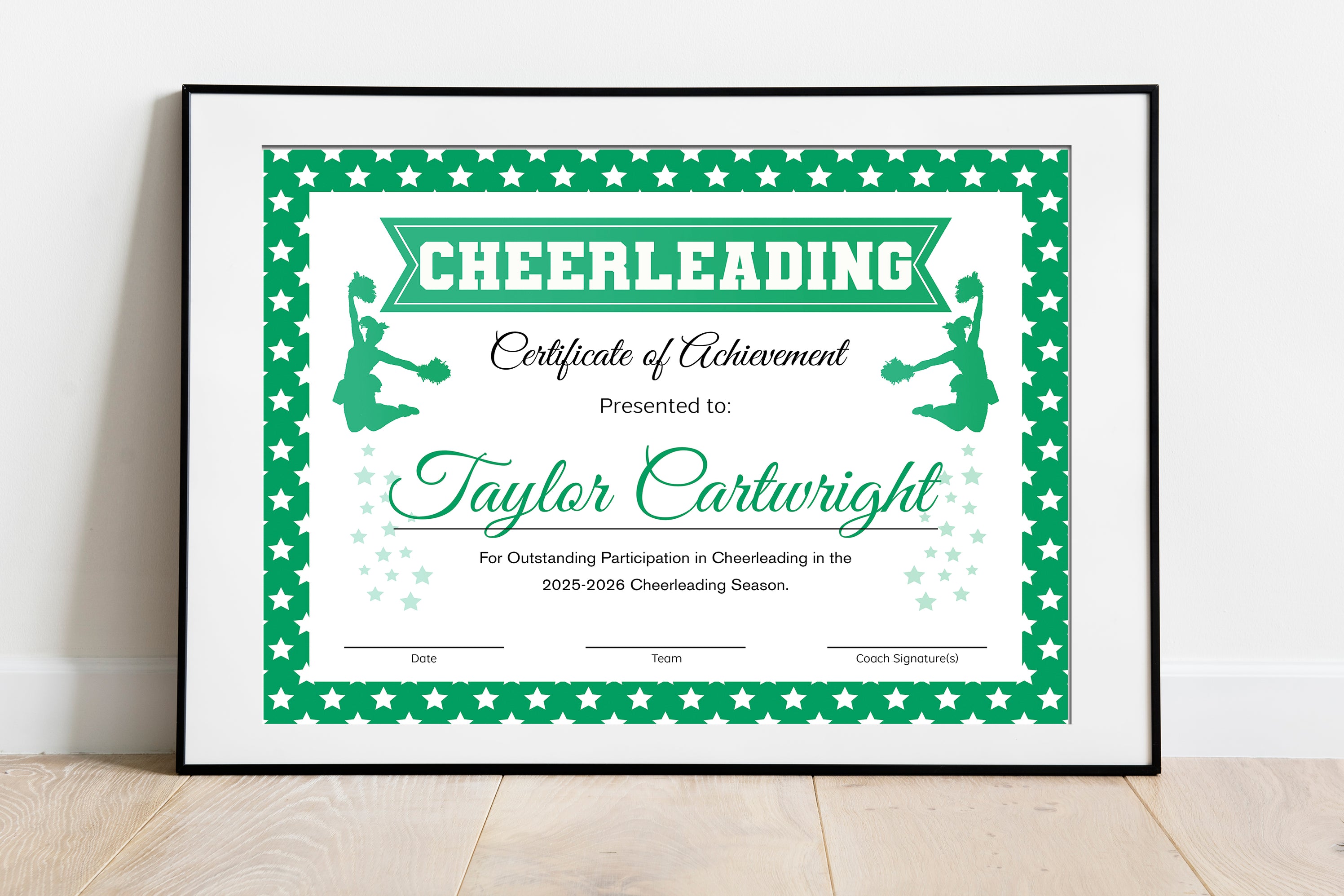 Cheer Certificates Sports Award Green, EDITABLE Cheerleader Certificat ...