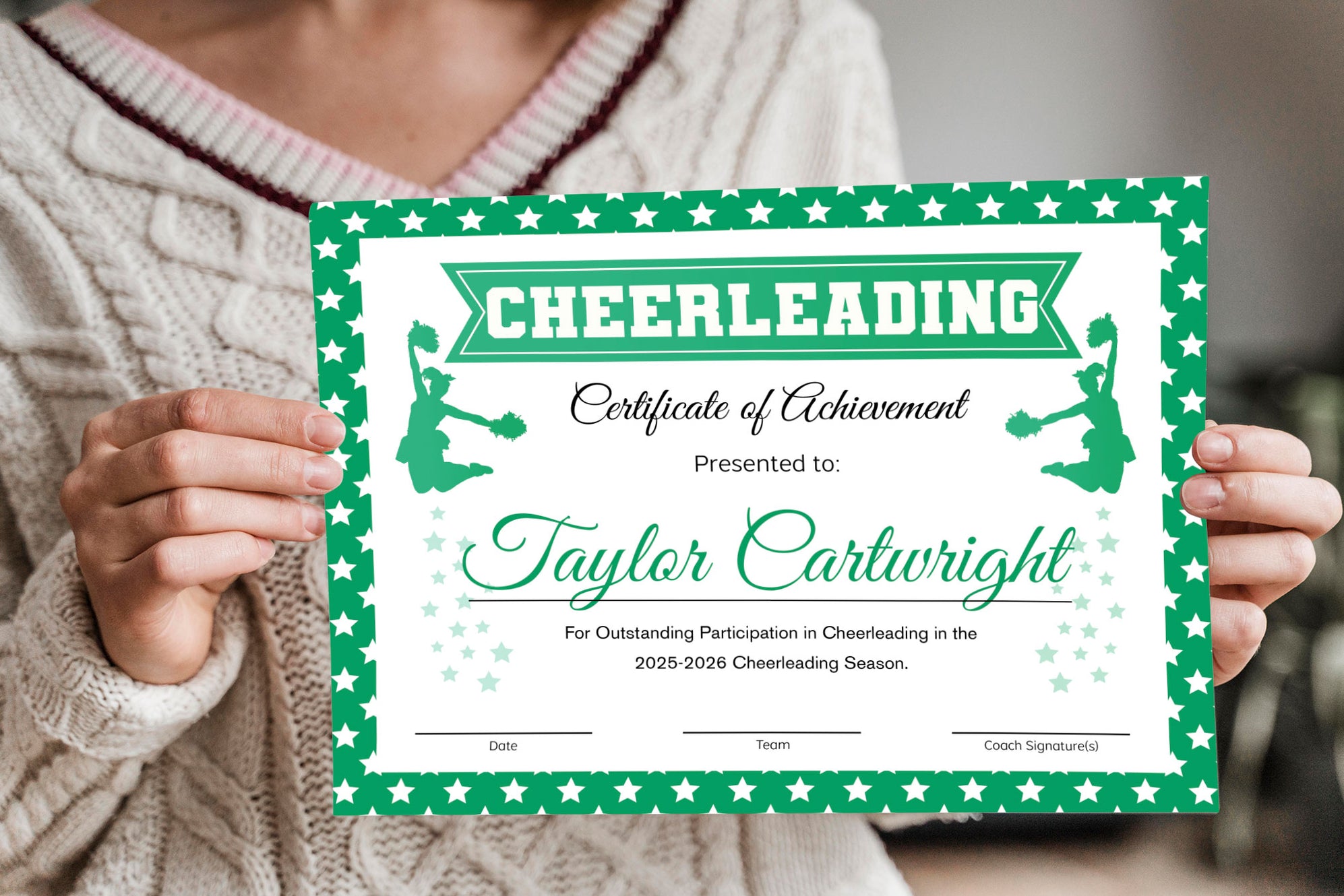 Cheer Certificates Sports Award Green, EDITABLE Cheerleader Certificat ...
