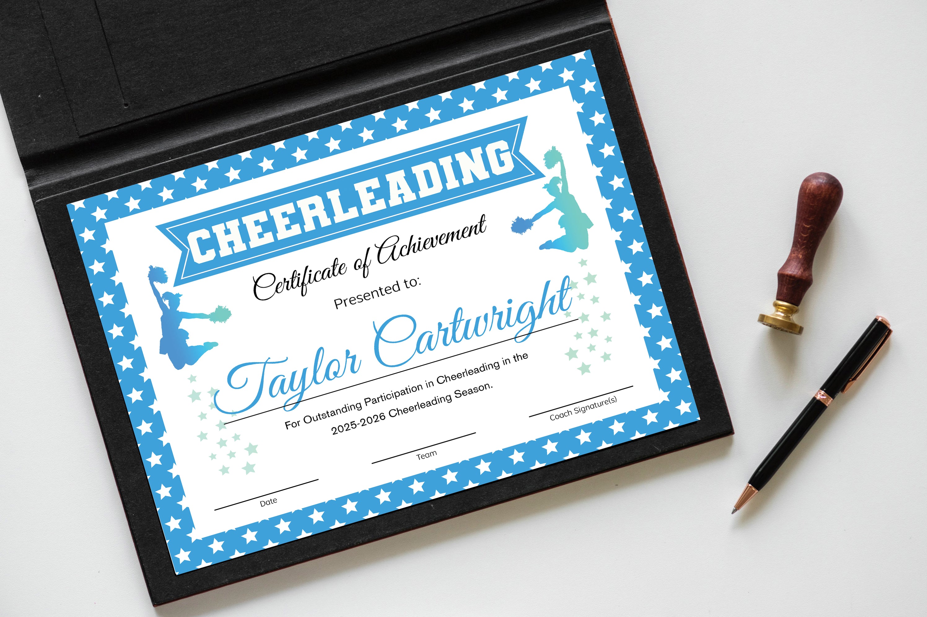 DIY Editable Cheerleader Certificate Light Blue, Customizable Sports A ...