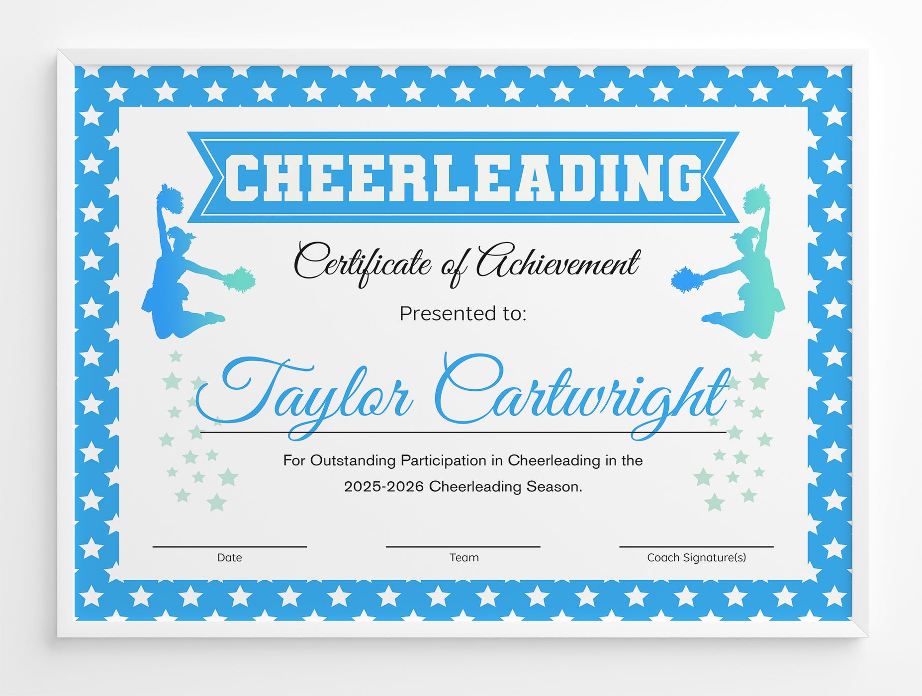 DIY Editable Cheerleader Certificate Light Blue, Customizable Sports A ...