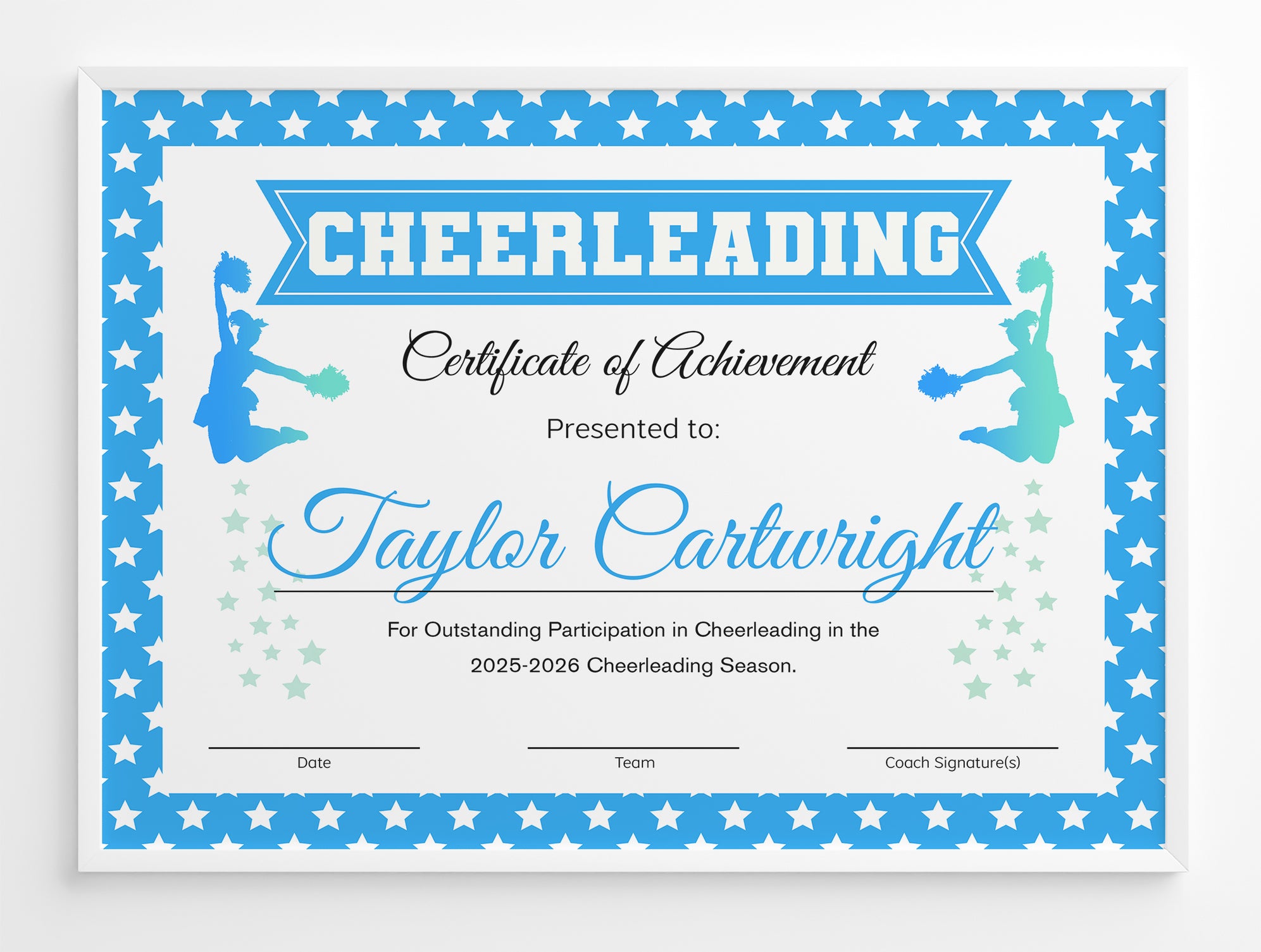 DIY Editable Cheerleader Certificate Light Blue, Customizable Sports A ...