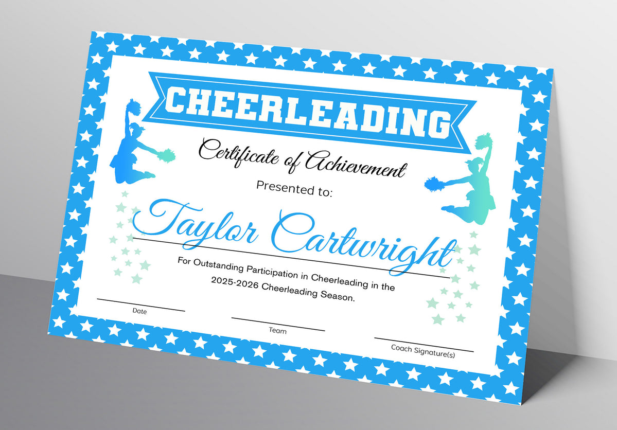 DIY Editable Cheerleader Certificate Light Blue, Customizable Sports A ...